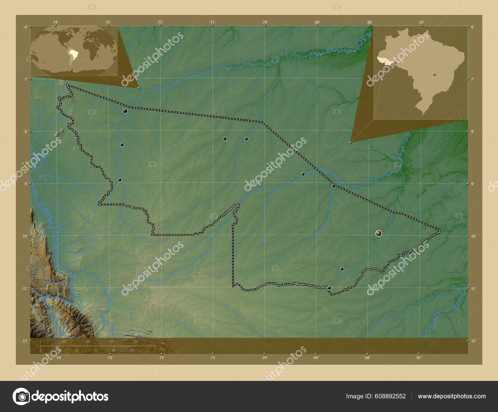 Acre State Brazil Colored Elevation Map Lakes Rivers Locations Major ...