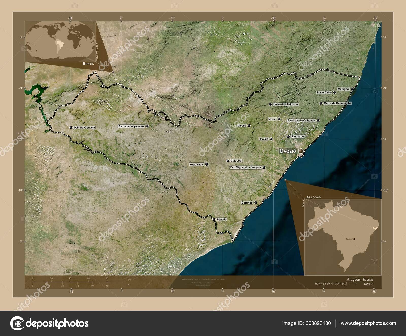 Alagoas State Brazil Low Resolution Satellite Map Locations Names Major ...