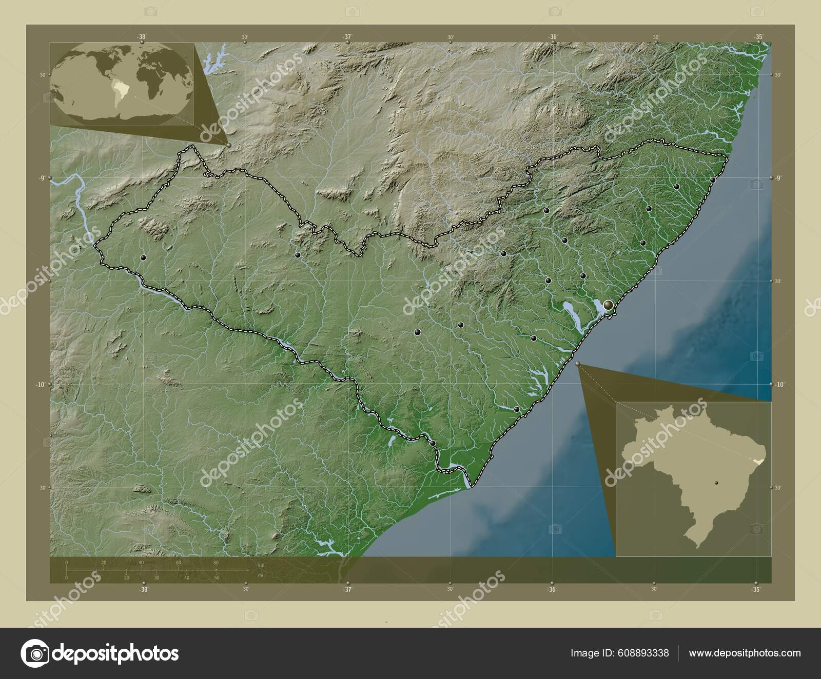 Alagoas State Brazil Elevation Map Colored Wiki Style Lakes Rivers ...