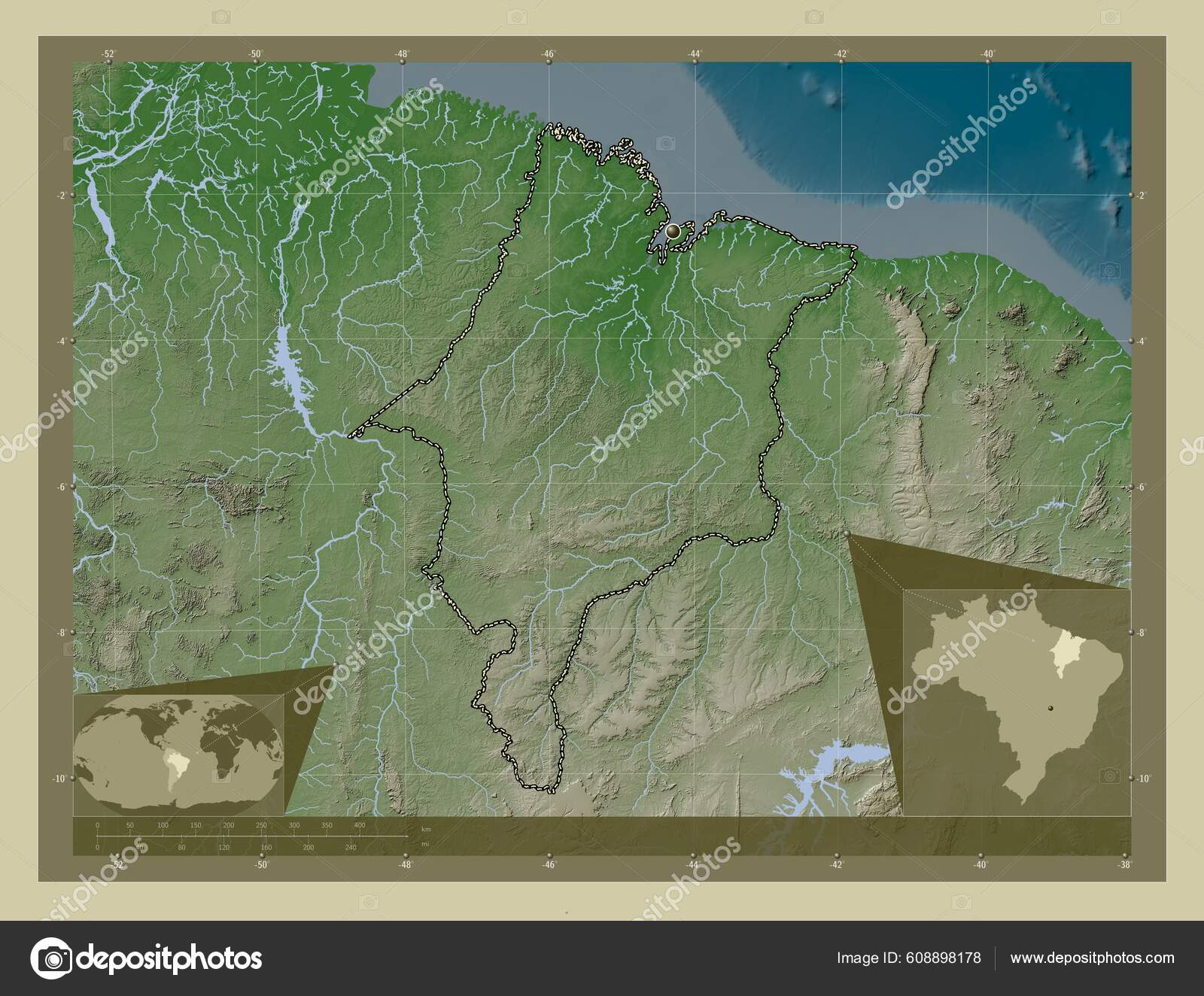 Maranhao State Brazil Elevation Map Colored Wiki Style Lakes Rivers ...