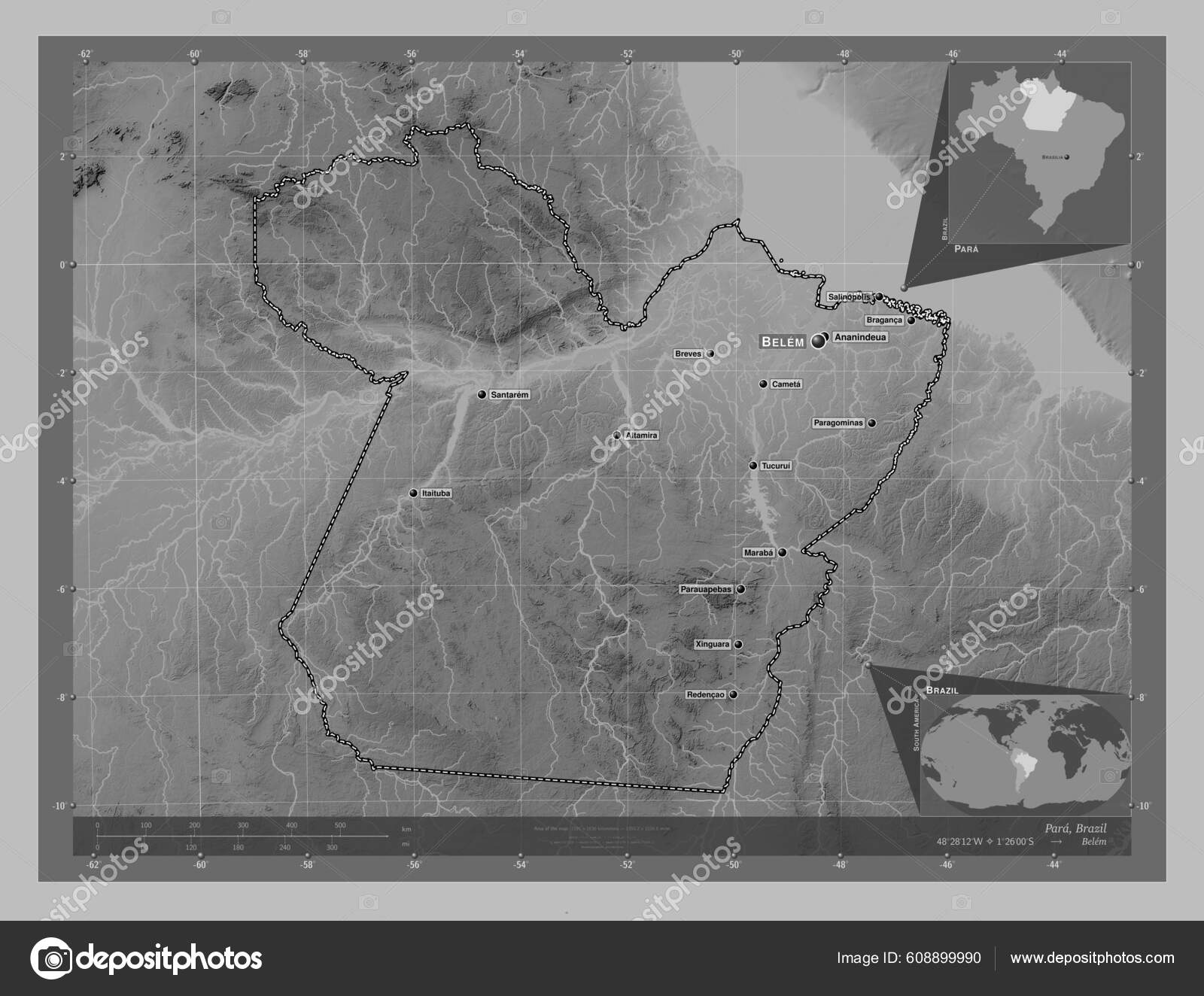 Para State Brazil Grayscale Elevation Map Lakes Rivers Locations Names — Stock Photo © Yarr65 ...