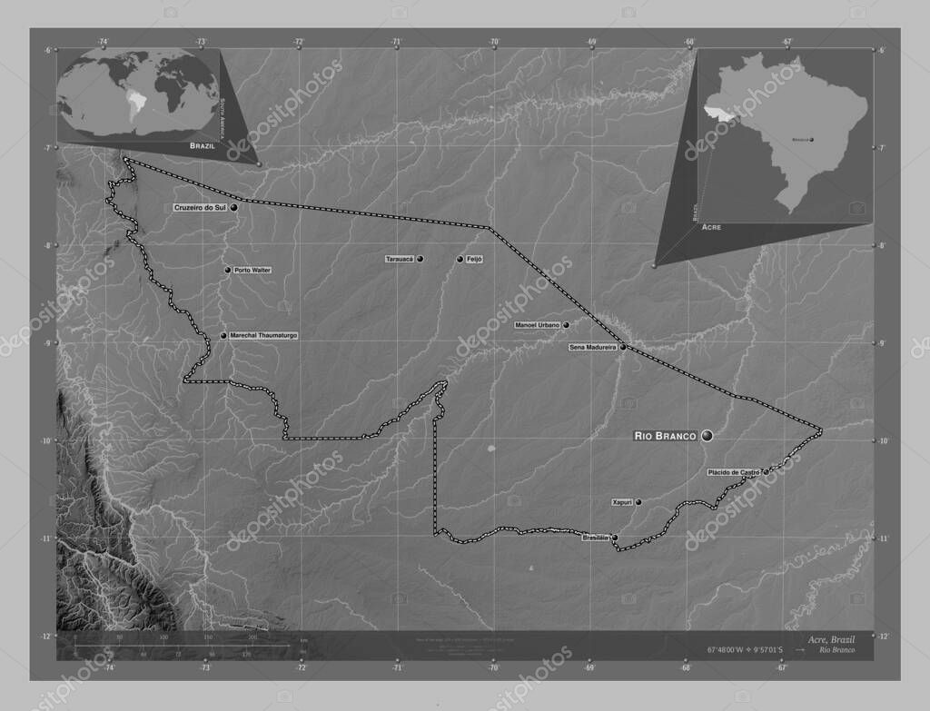 Acre, estado de Brasil. Mapa de elevación a escala de grises con lagos ...