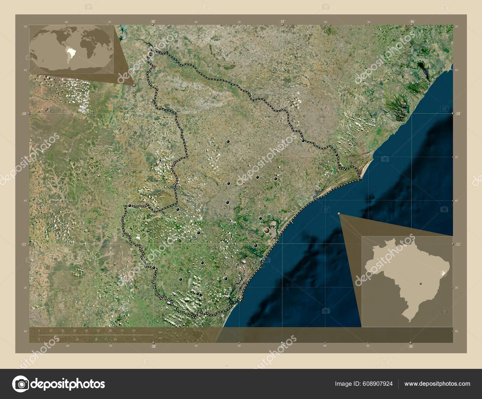 Sergipe State Brazil High Resolution Satellite Map Locations Major ...