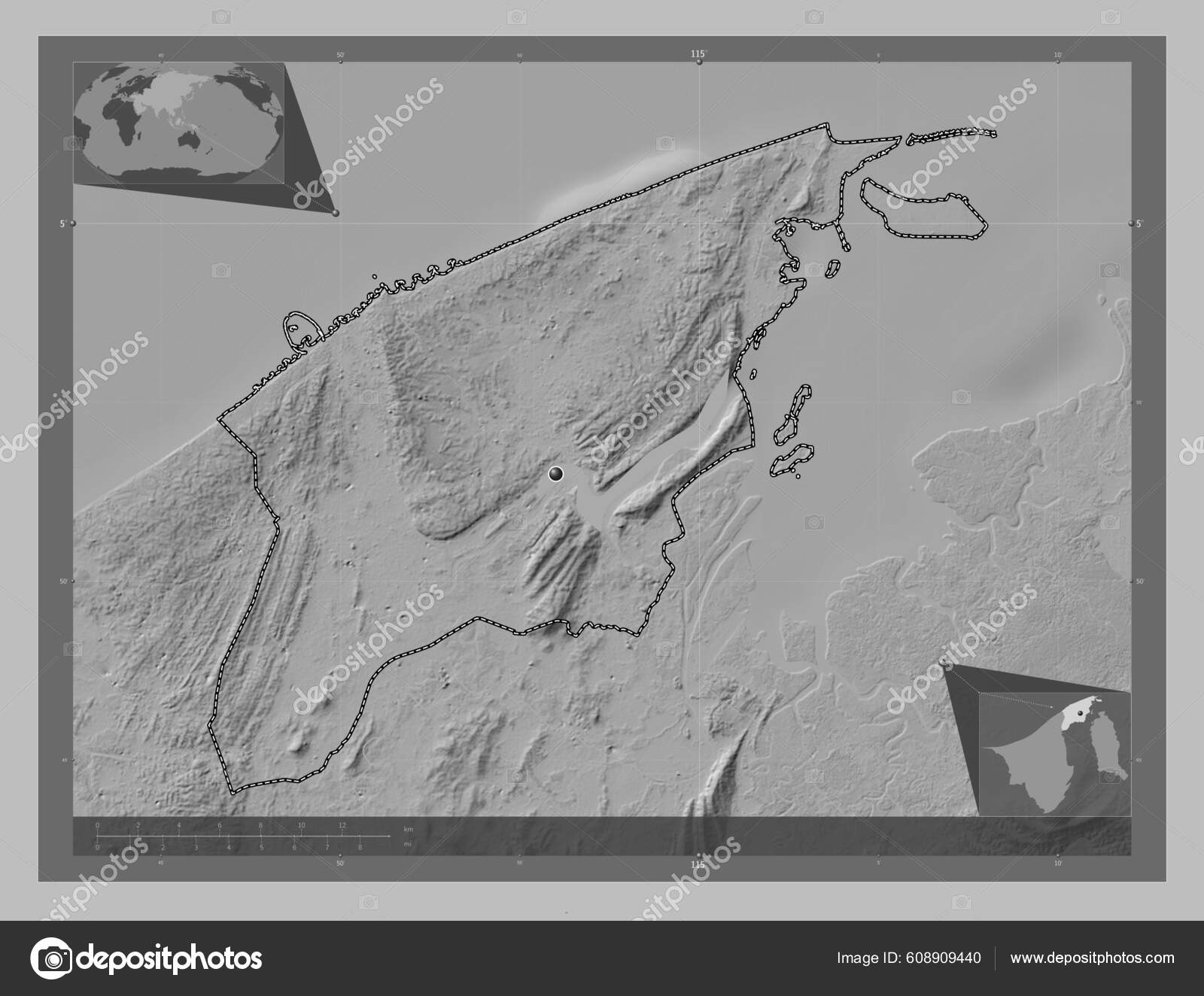 Brunei Muara District Brunei Grayscale Elevation Map Lakes Rivers ...