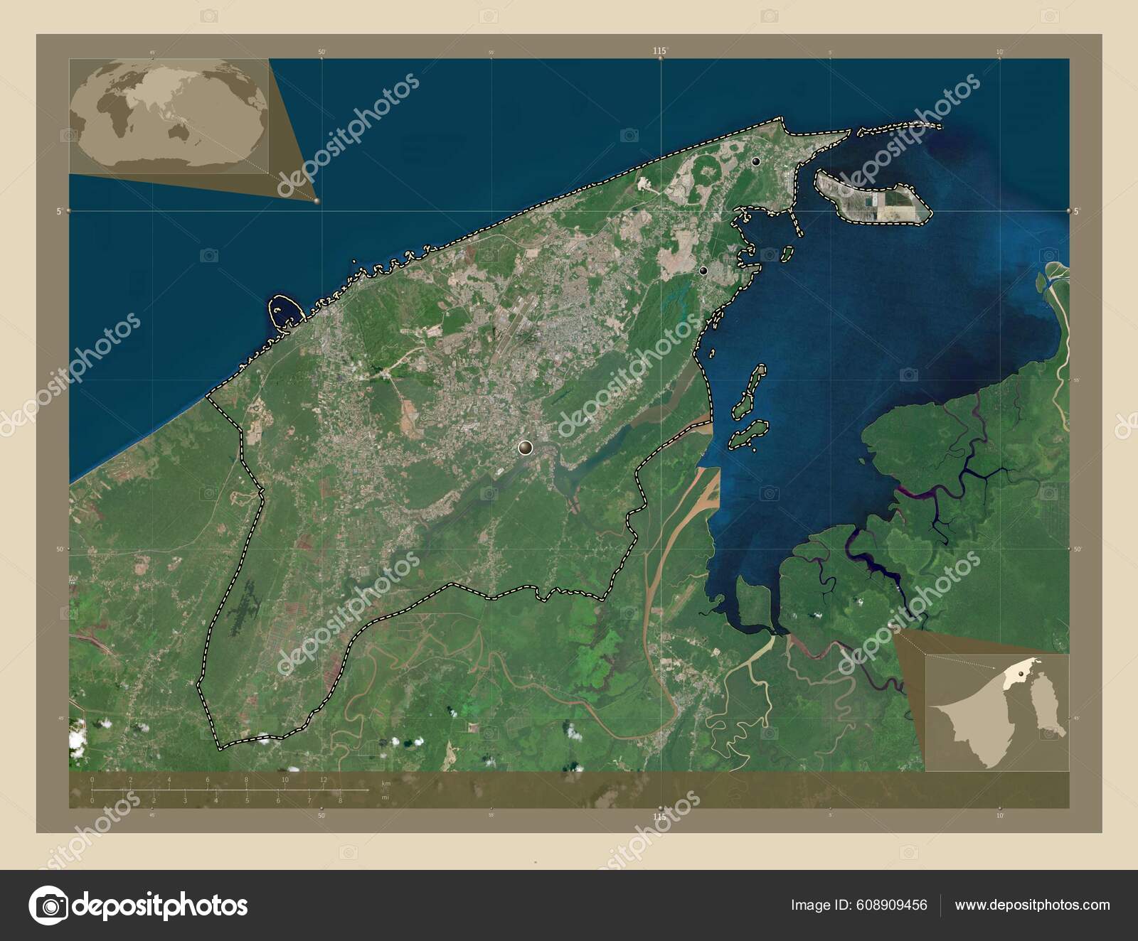 Brunei Und Muara Bezirk Von Brunei Hochauflösende Satellitenkarte ...