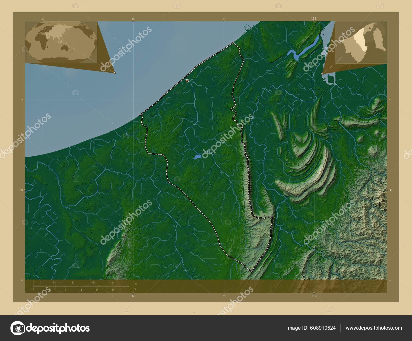 Tutong District Brunei Colored Elevation Map Lakes Rivers Locations ...