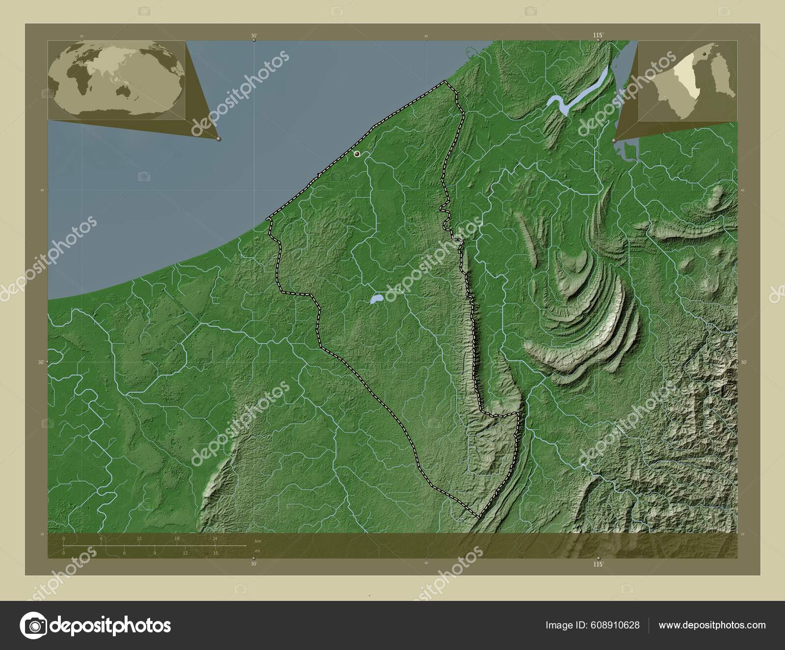 Tutong District Brunei Elevation Map Colored Wiki Style Lakes Rivers ...