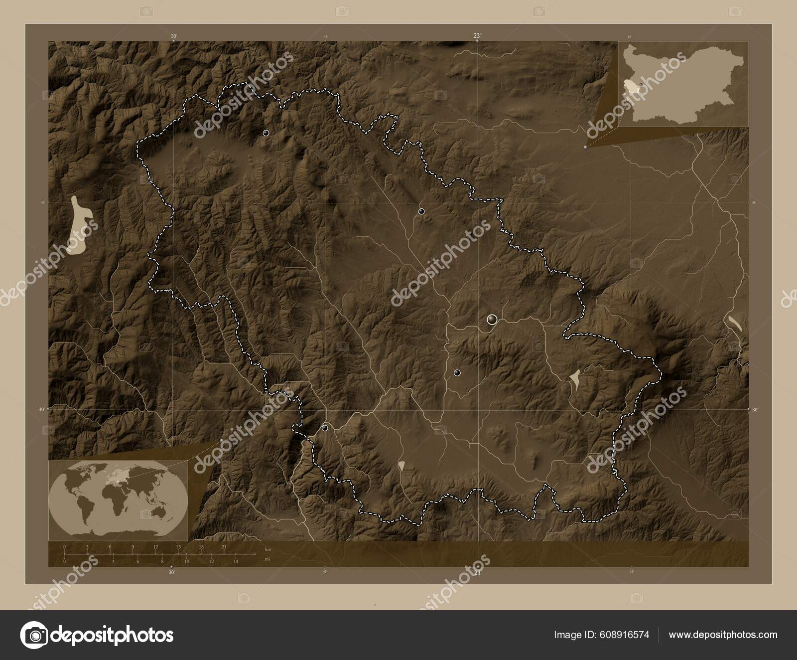 Pernik Province Bulgaria Elevation Map Colored Sepia Tones Lakes Rivers ...