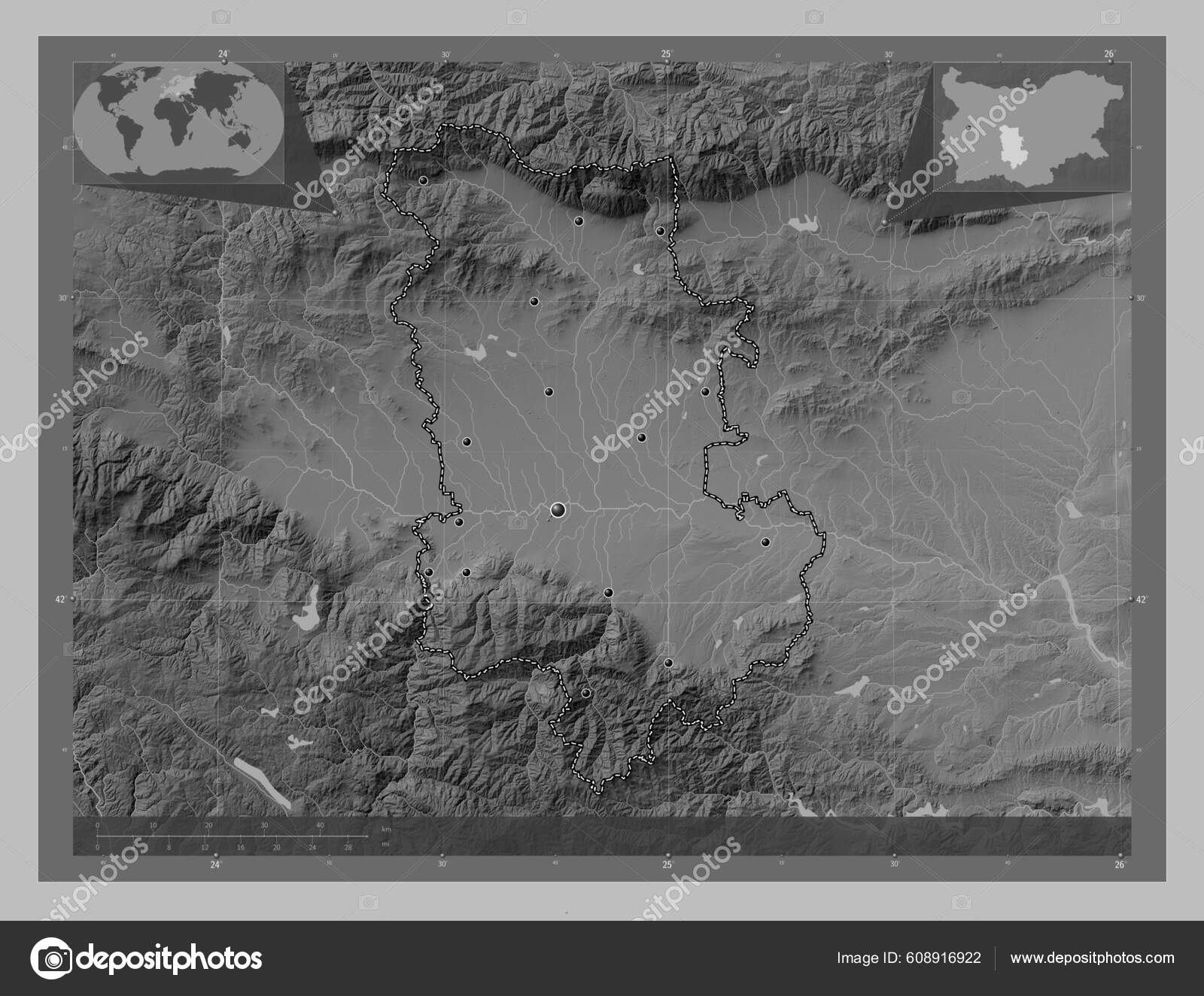 Plovdiv Province Bulgaria Grayscale Elevation Map Lakes Rivers ...