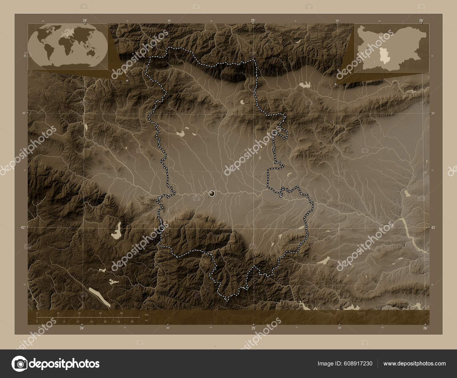 Plovdiv Province Bulgaria Elevation Map Colored Sepia Tones Lakes ...