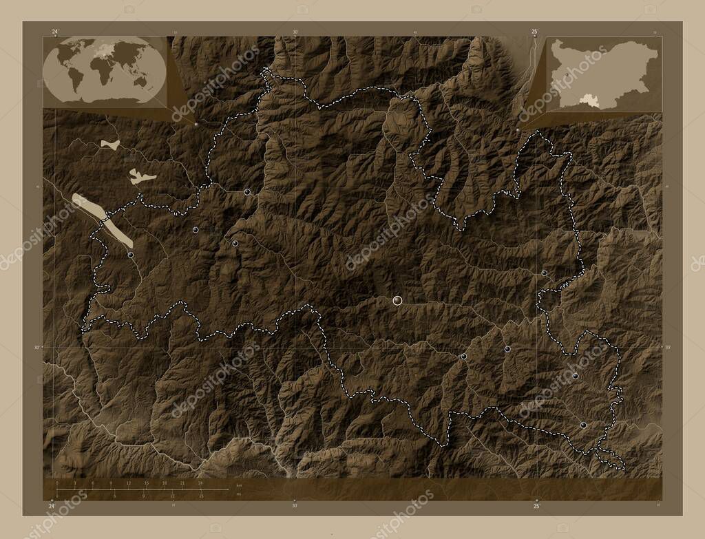 Smolyan, provincia de Bulgaria. Mapa de elevación coloreado en tonos ...