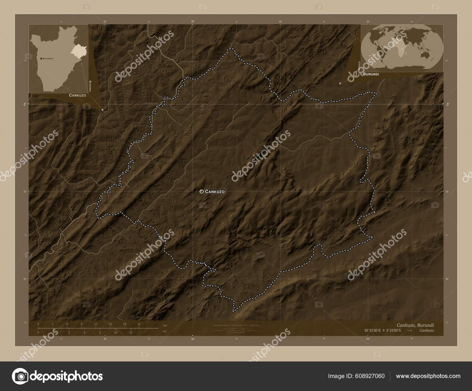 Cankuzo Province Burundi Elevation Map Colored Sepia Tones Lakes Rivers ...