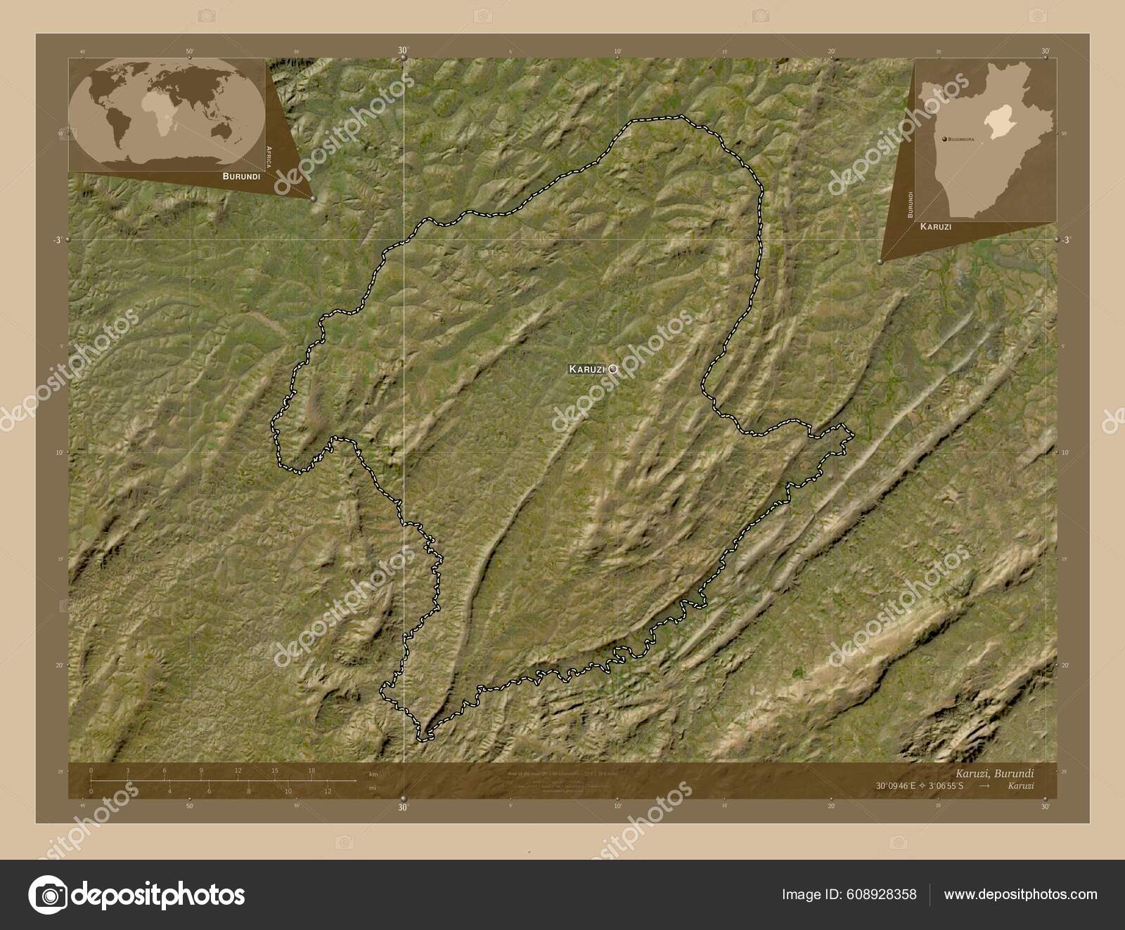 Karuzi Province Burundi Low Resolution Satellite Map Locations Names ...