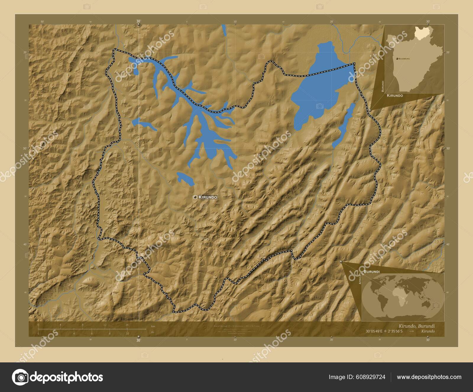Kirundo Province Burundi Colored Elevation Map Lakes Rivers Locations ...