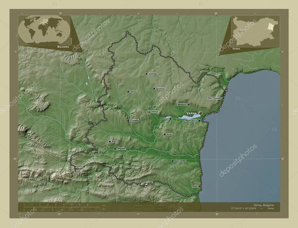 Varna, provincia de Bulgaria. Mapa de elevación coloreado en estilo ...
