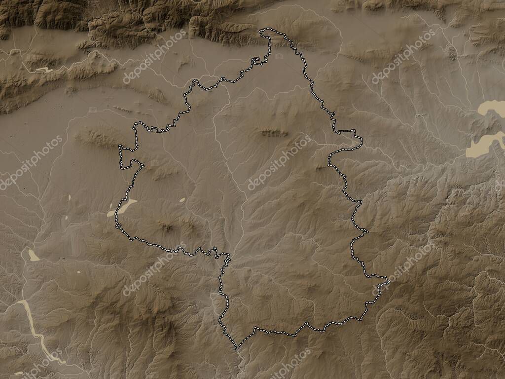 Yambol, provincia de Bulgaria. Mapa de elevación coloreado en tonos ...