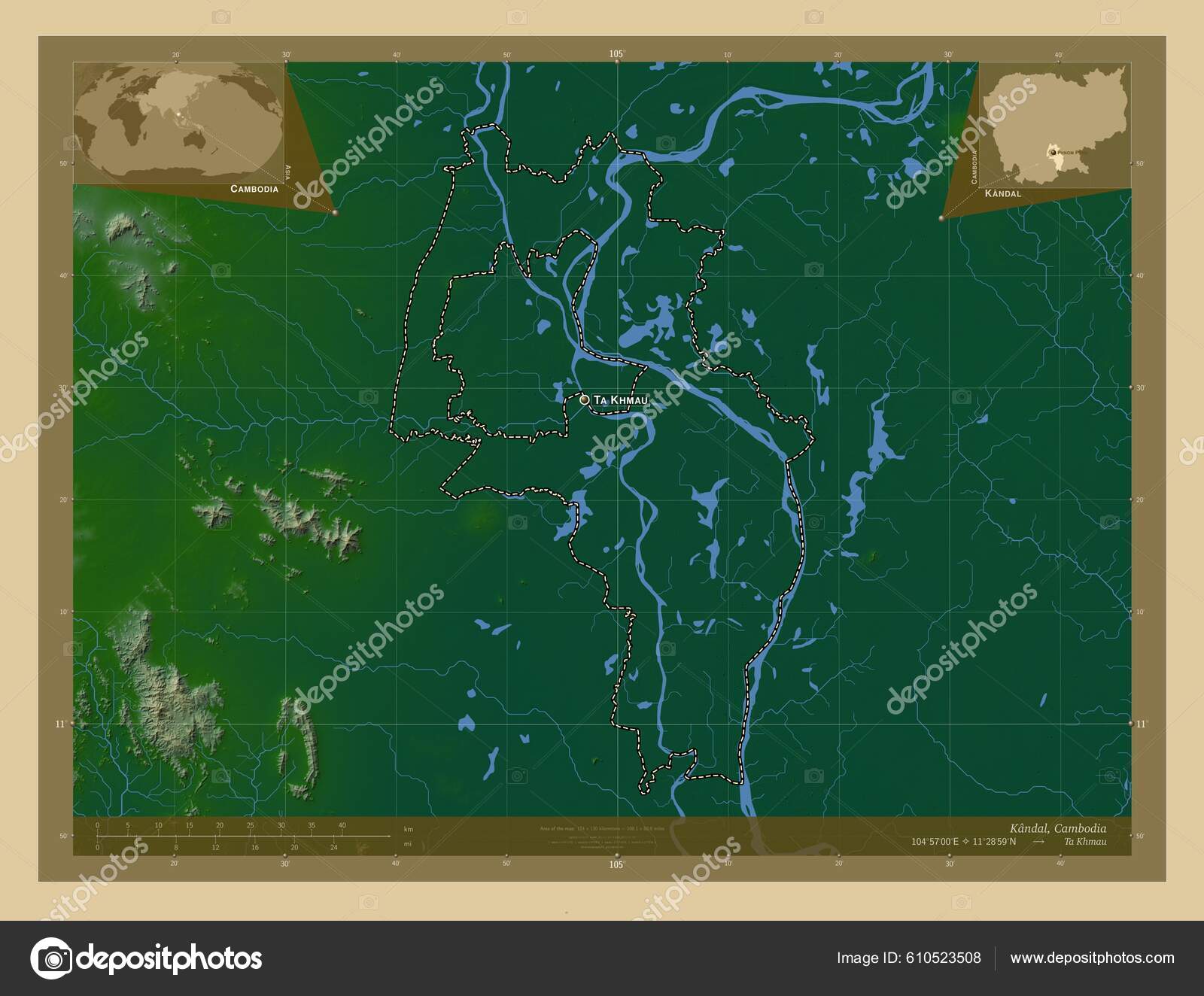 Kandal Province Cambodia Colored Elevation Map Lakes Rivers Locations ...