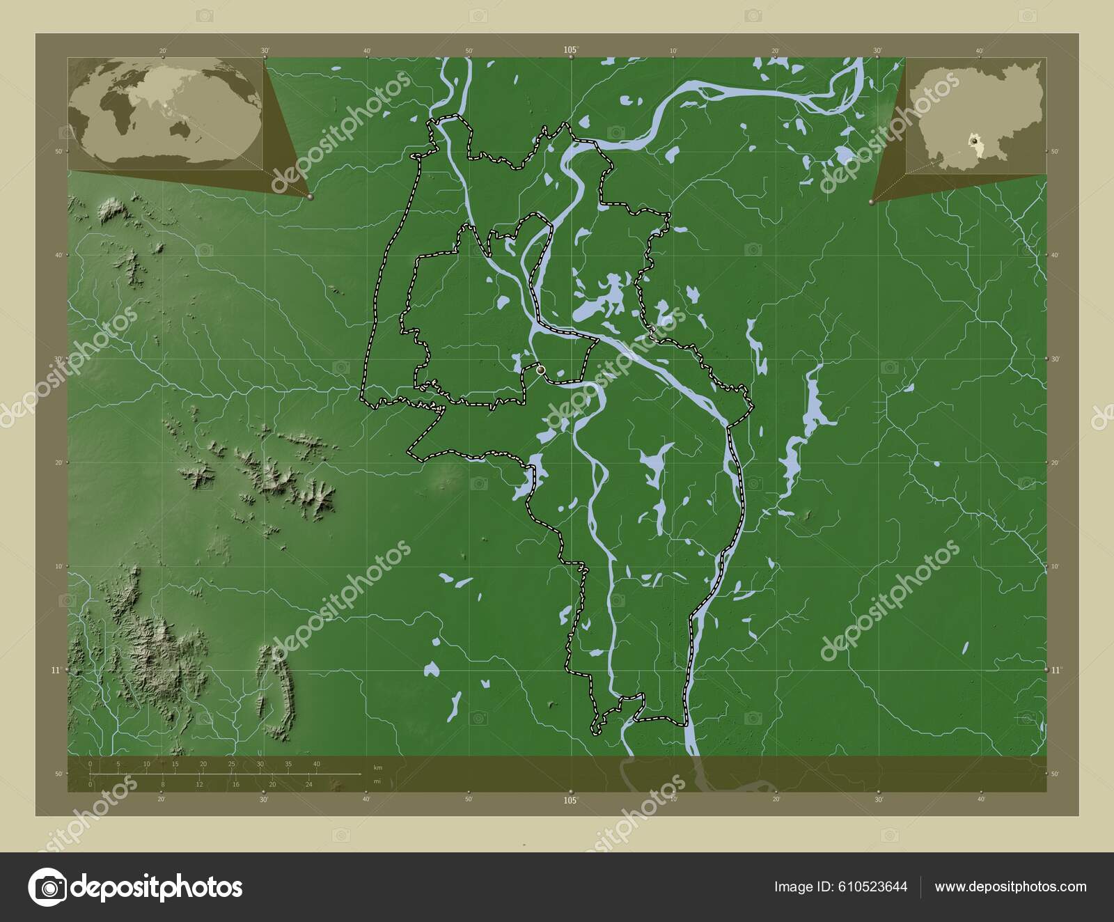 Kandal Province Cambodia Elevation Map Colored Wiki Style Lakes Rivers ...