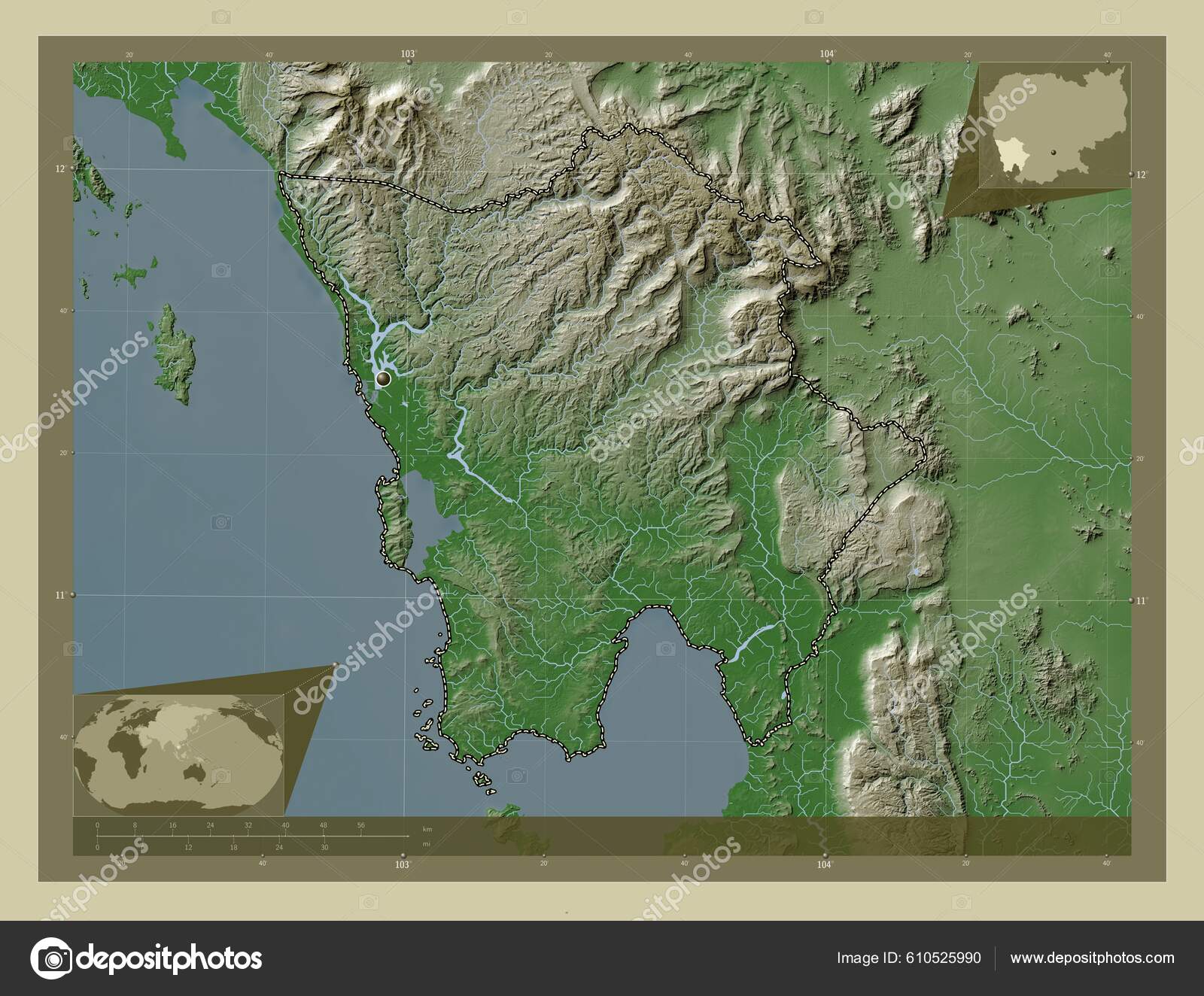 Kaoh Kong Province Cambodia Elevation Map Colored Wiki Style Lakes — Stock Photo © Yarr65 #610525990