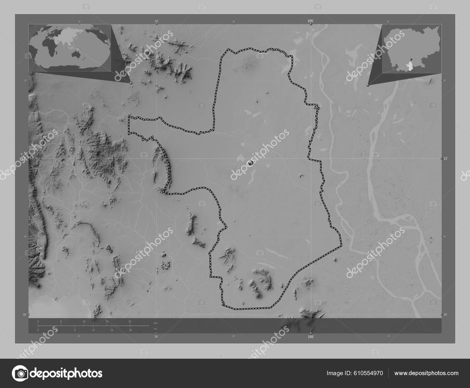 Takev Province Cambodia Grayscale Elevation Map Lakes Rivers Corner ...