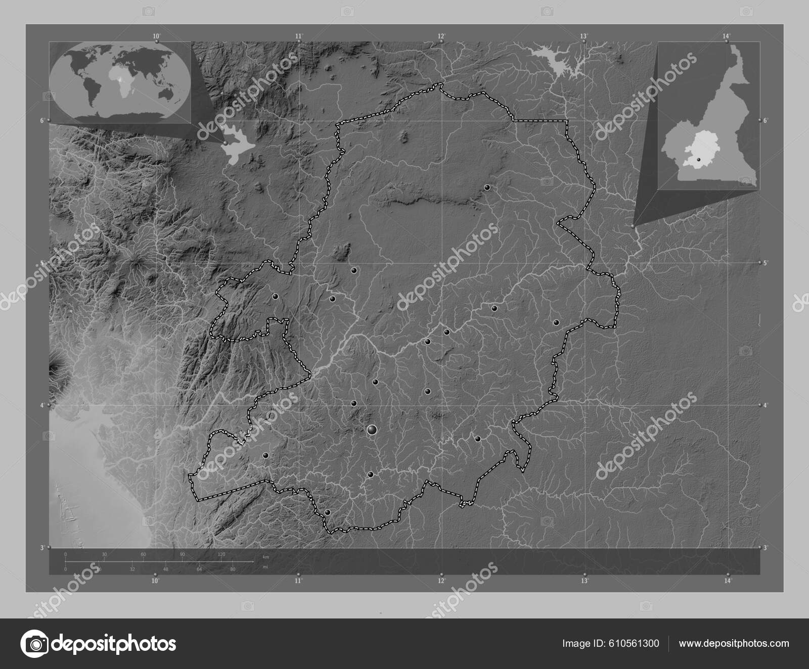 Centre Region Cameroon Grayscale Elevation Map Lakes Rivers Locations ...