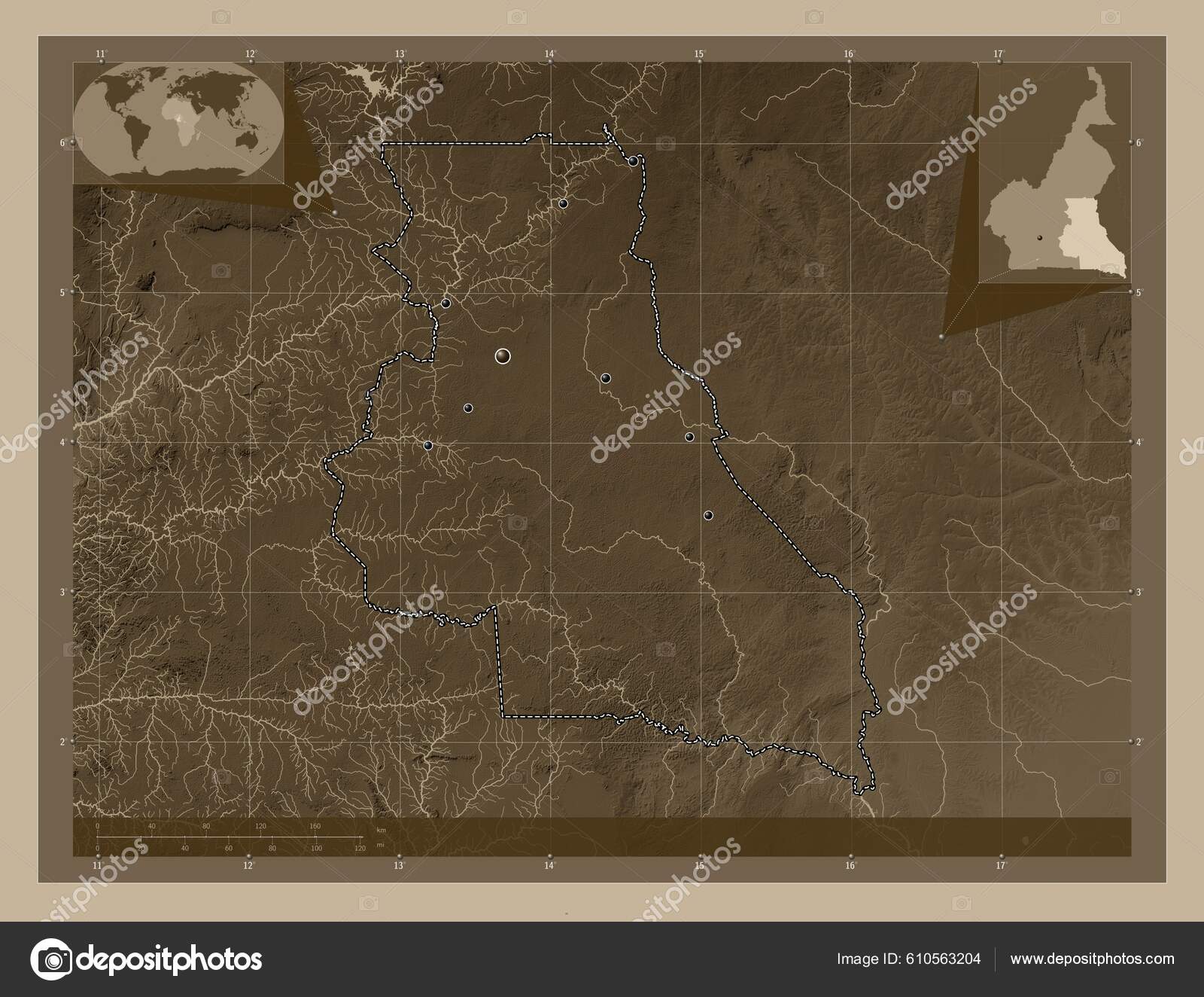 Est Region Cameroon Elevation Map Colored Sepia Tones Lakes Rivers ...
