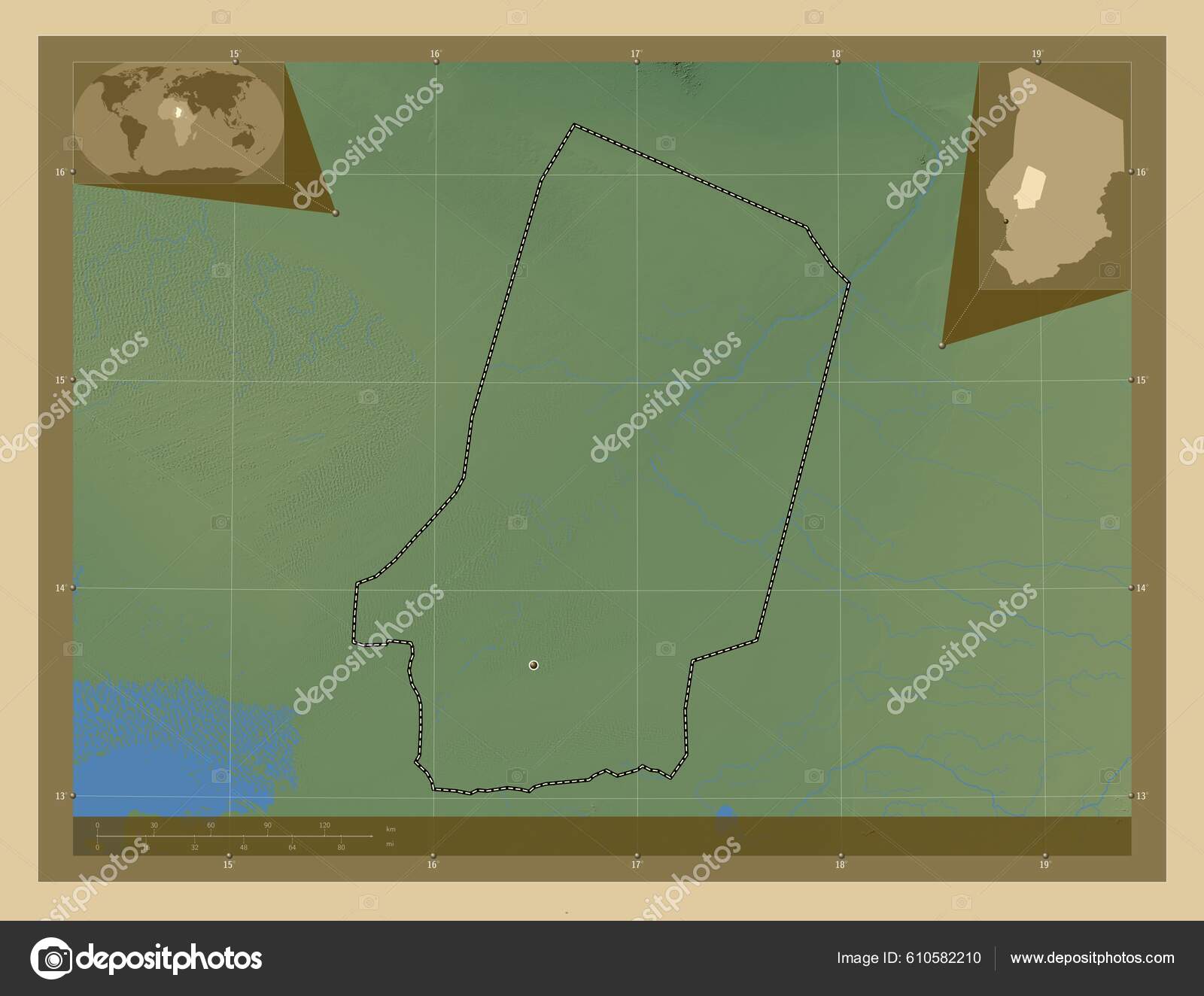 Barh Ghazel Region Chad Colored Elevation Map Lakes Rivers Locations ...