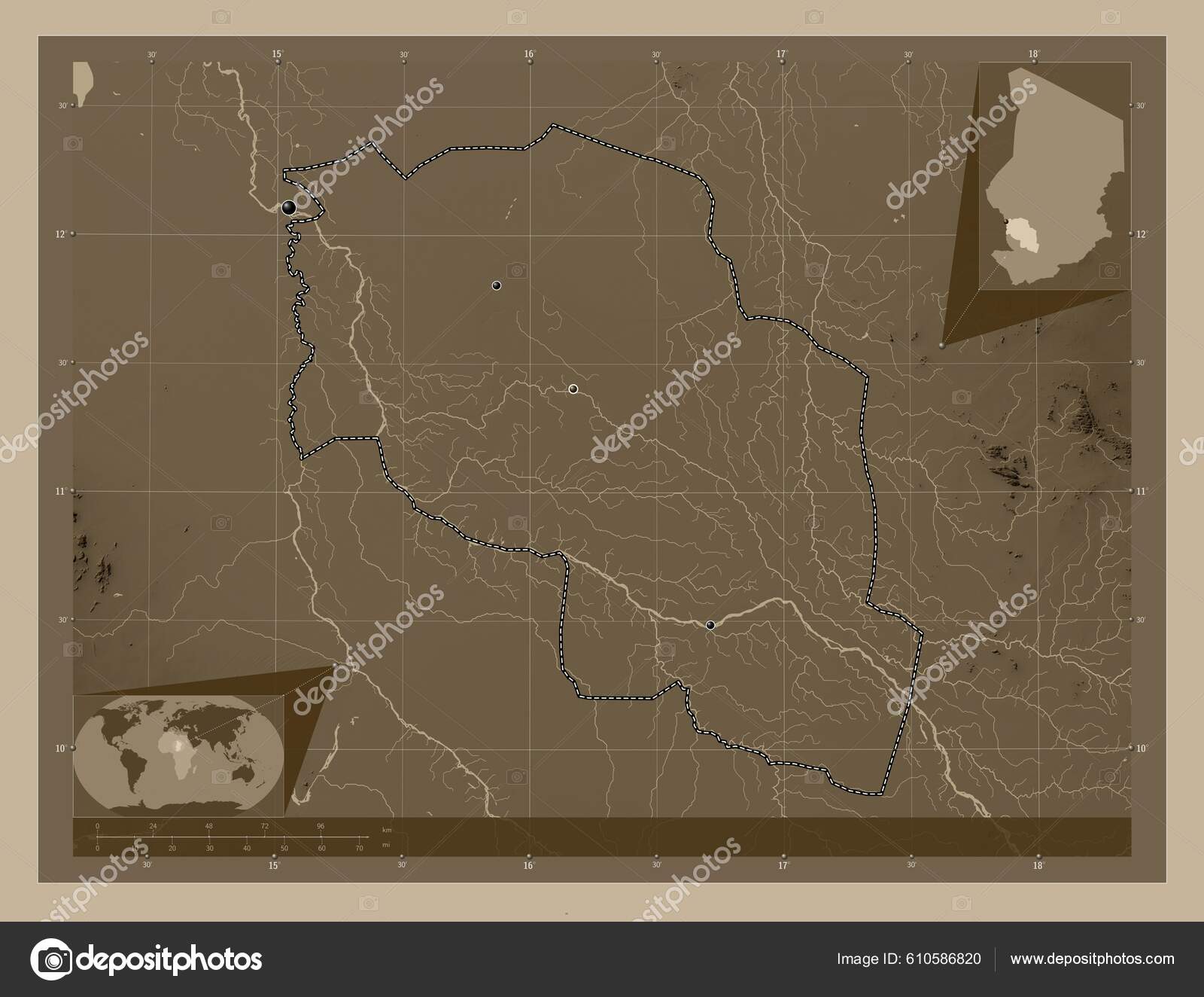 Chari Baguirmi Region Chad Elevation Map Colored Sepia Tones Lakes ...