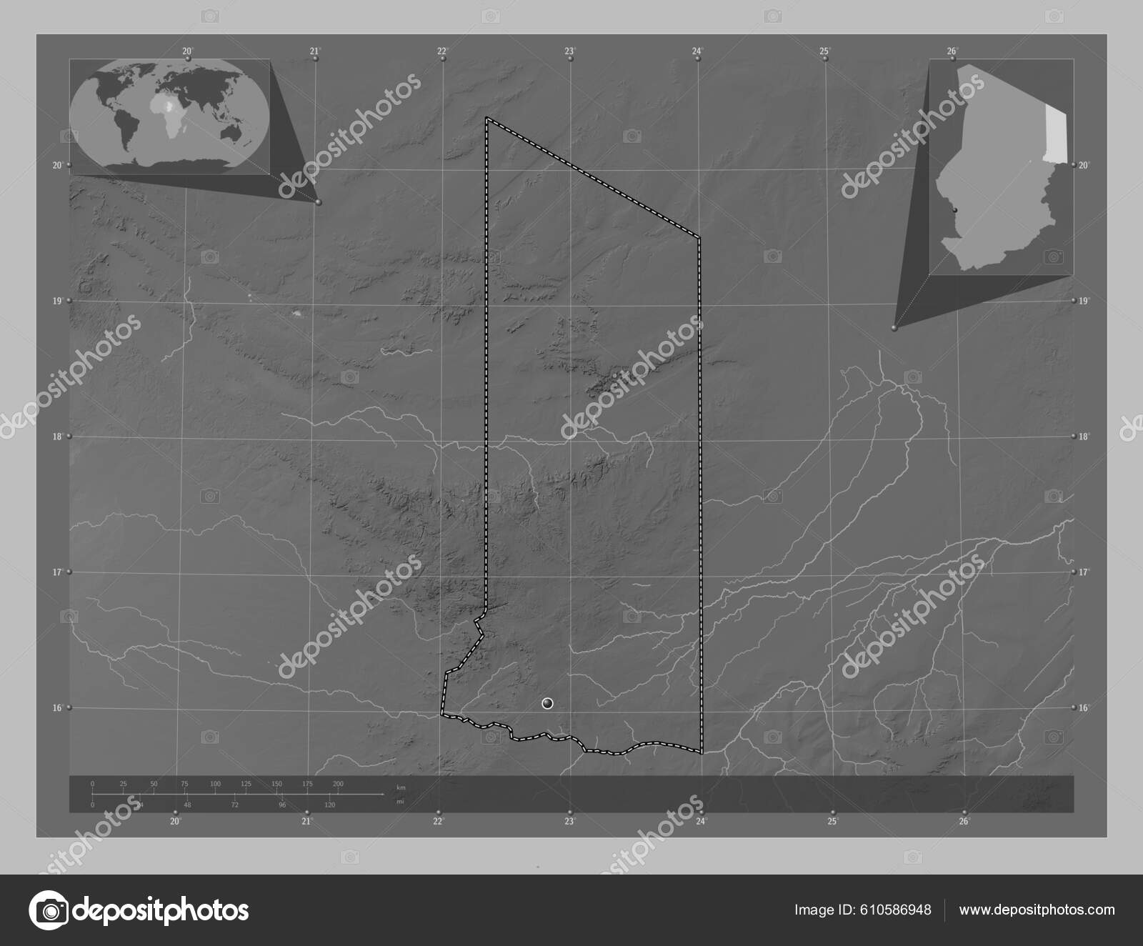 Ennedi Est Region Chad Grayscale Elevation Map Lakes Rivers Locations ...