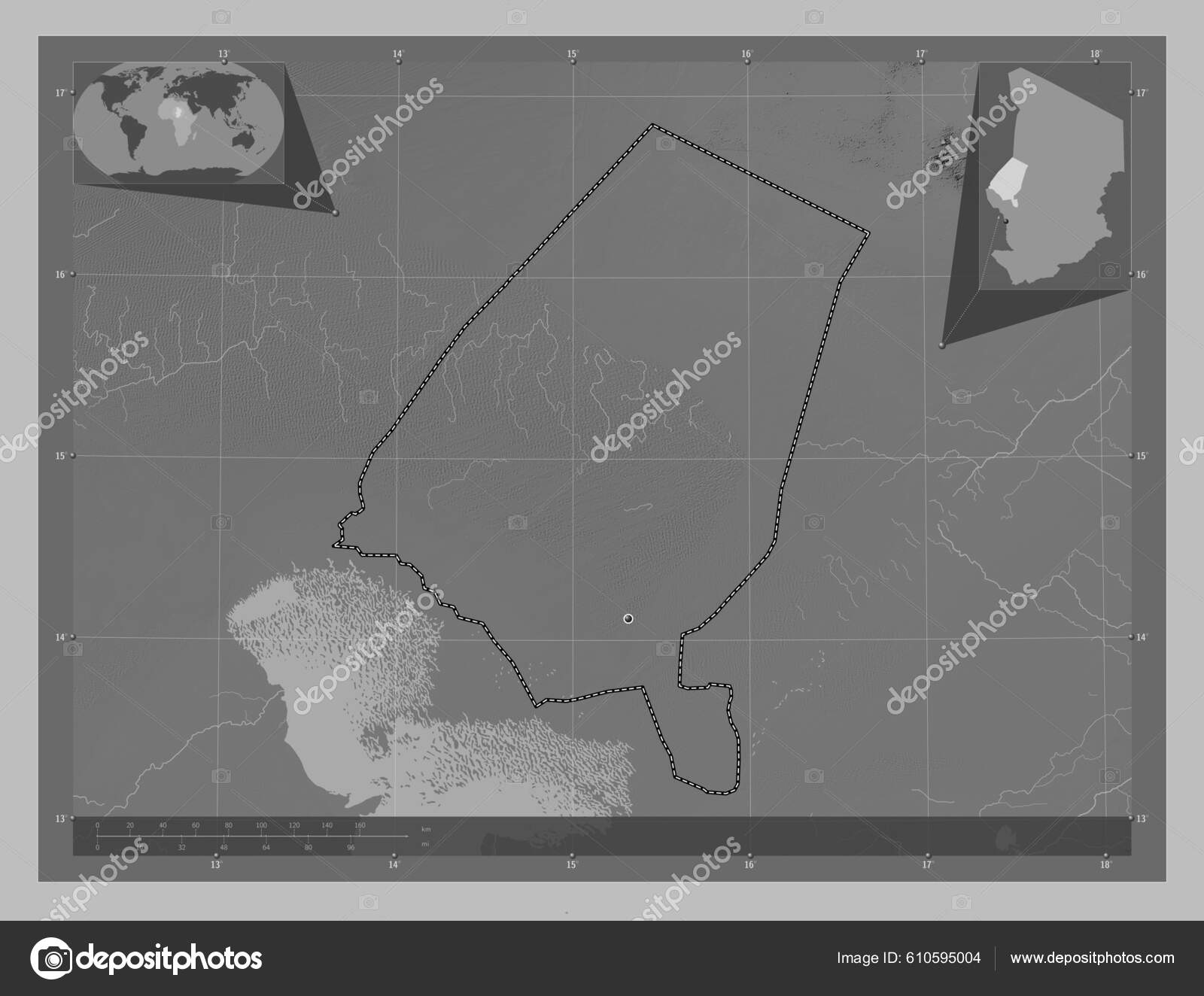 Kanem Wilayah Chad Peta Ketinggian Grayscale Dengan Danau Dan Sungai ...