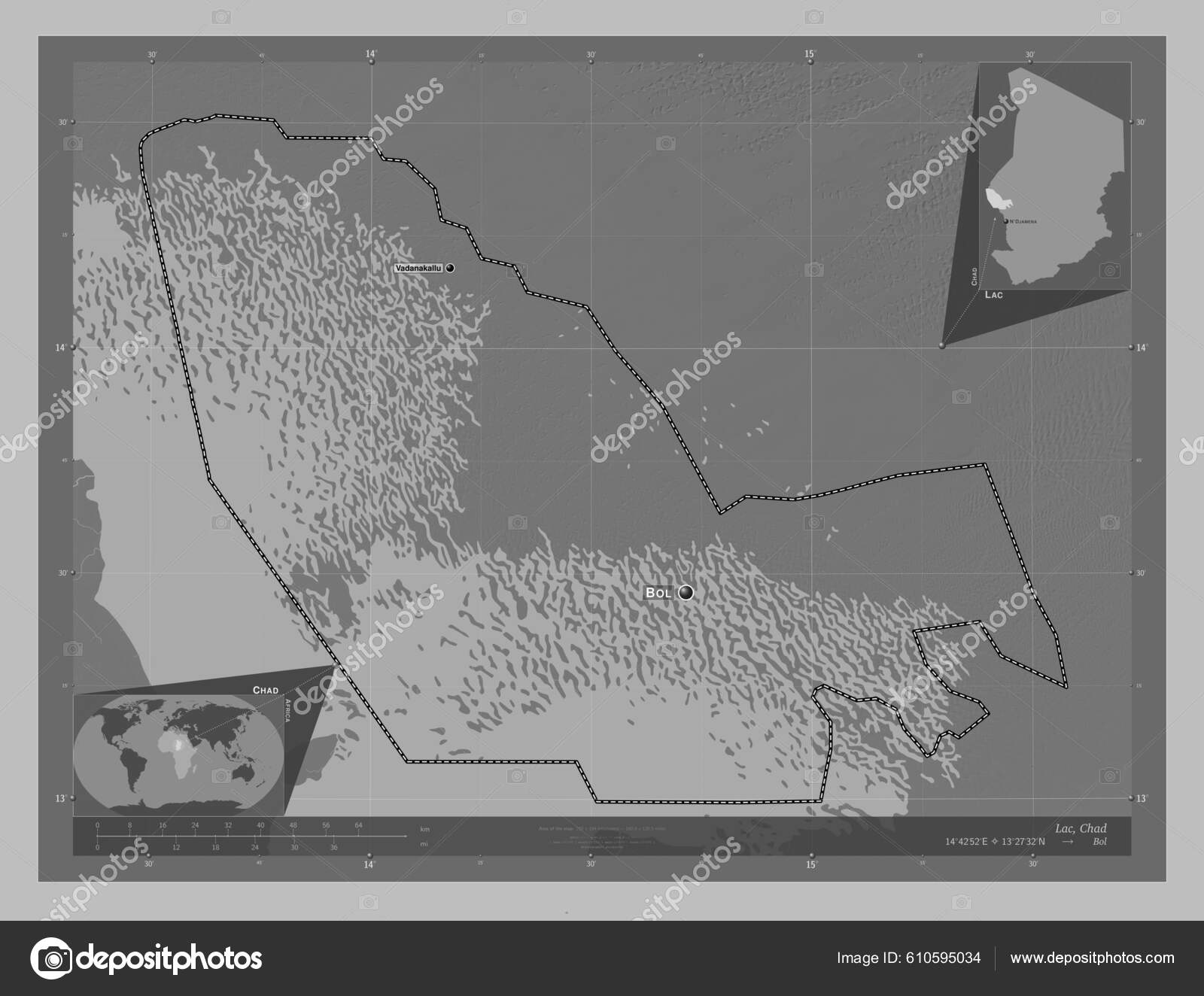 Lac Region Chad Grayscale Elevation Map Lakes Rivers Locations Names ...