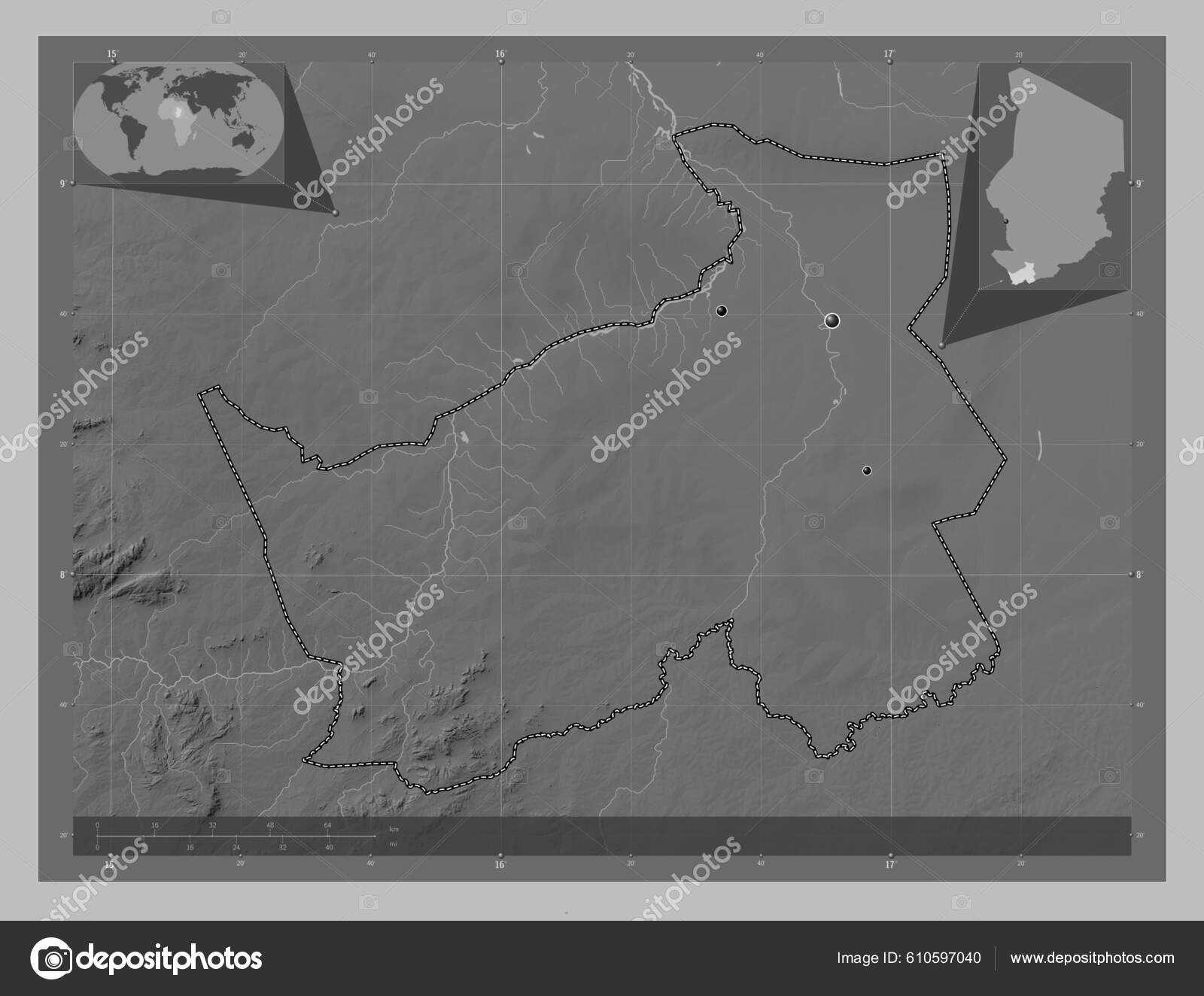 Logone Oriental Region Chad Grayscale Elevation Map Lakes Rivers Locations — Stock Photo ...