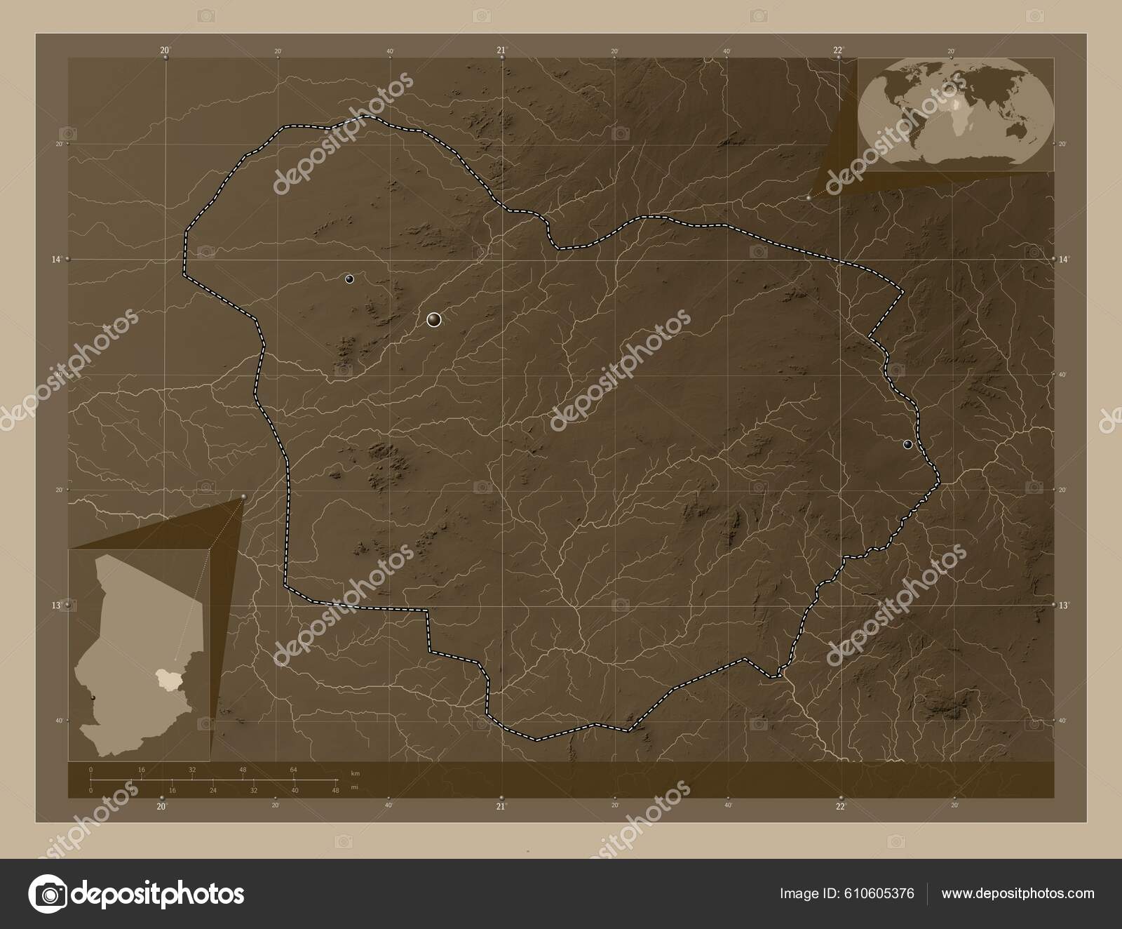 Ouaddai Region Chad Elevation Map Colored Sepia Tones Lakes Rivers ...