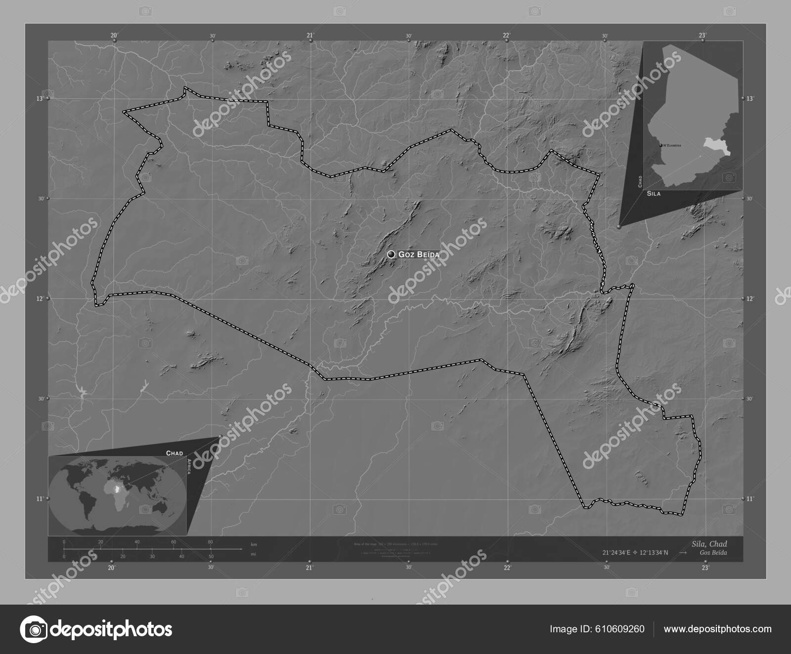 Sila Región Chad Mapa Elevación Bilevel Con Lagos Ríos Ubicaciones ...
