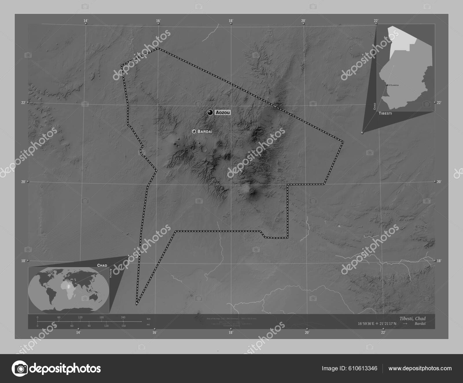 Tibesti Region Chad Grayscale Elevation Map Lakes Rivers Locations ...