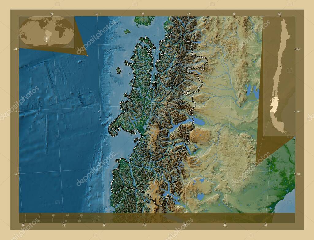 Aisen del General Carlos Ibanez del Campo, región de Chile. Mapa de ...