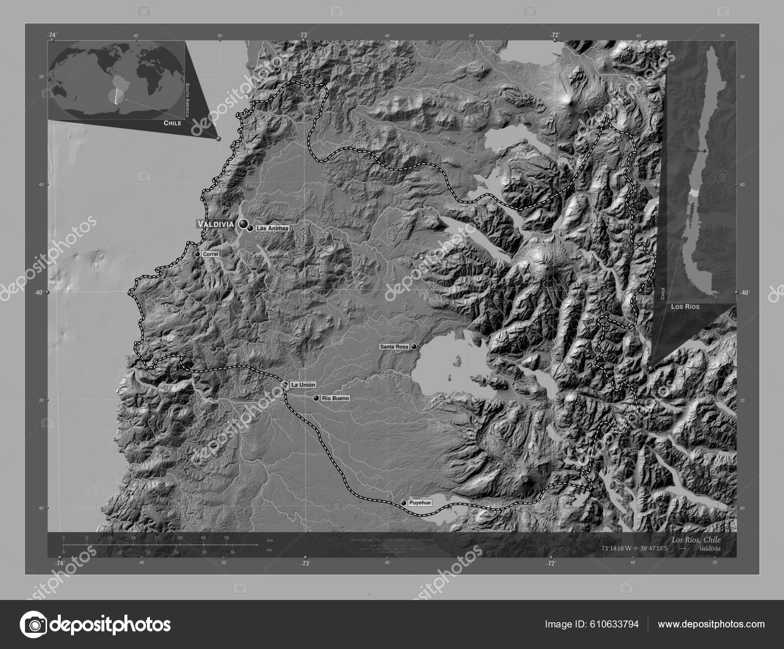 Los Ríos Región Chile Mapa Elevación Bilevel Con Lagos Ríos — Foto de ...