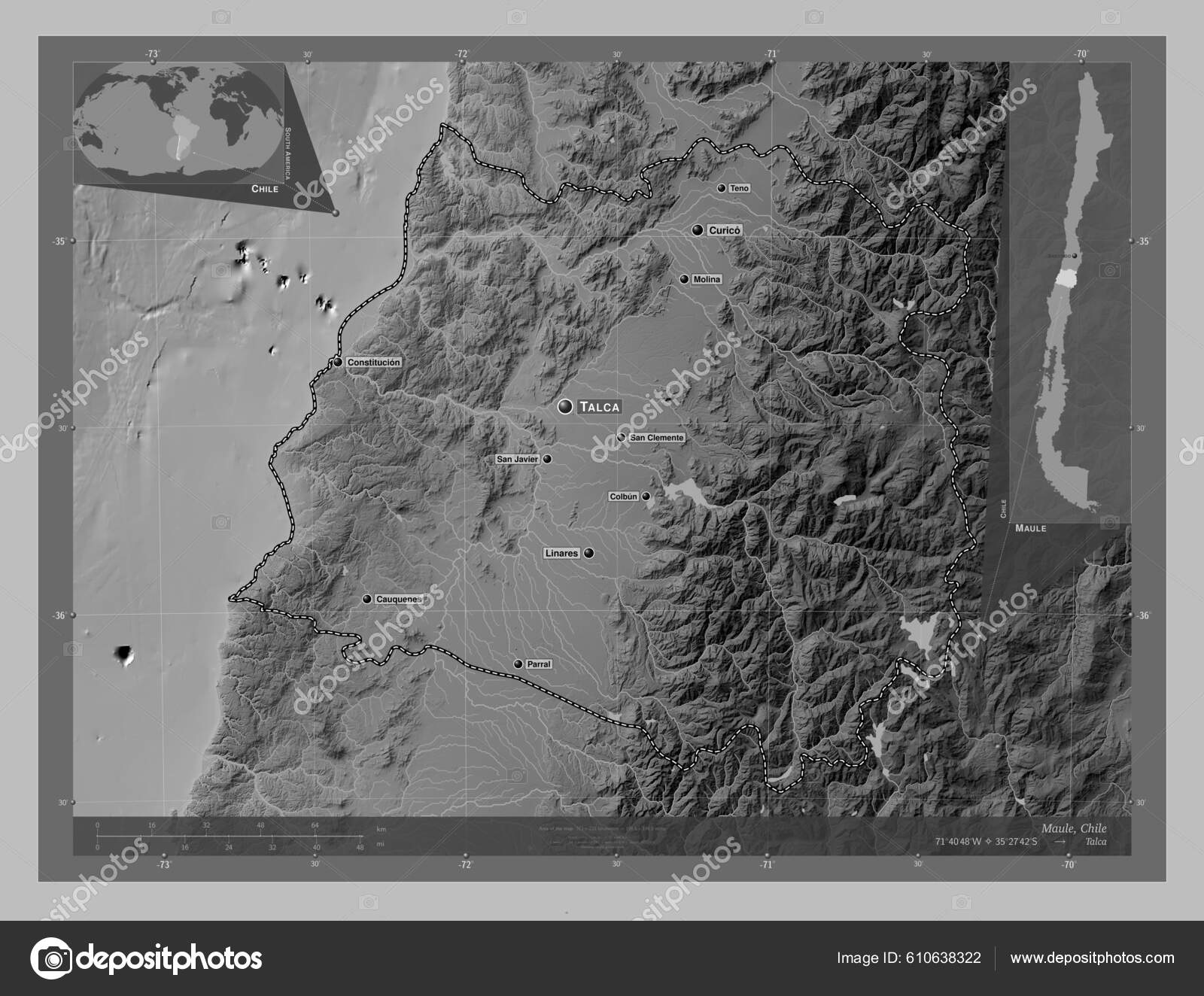 Maule Region Chile Grayscale Elevation Map Lakes Rivers Locations Names ...