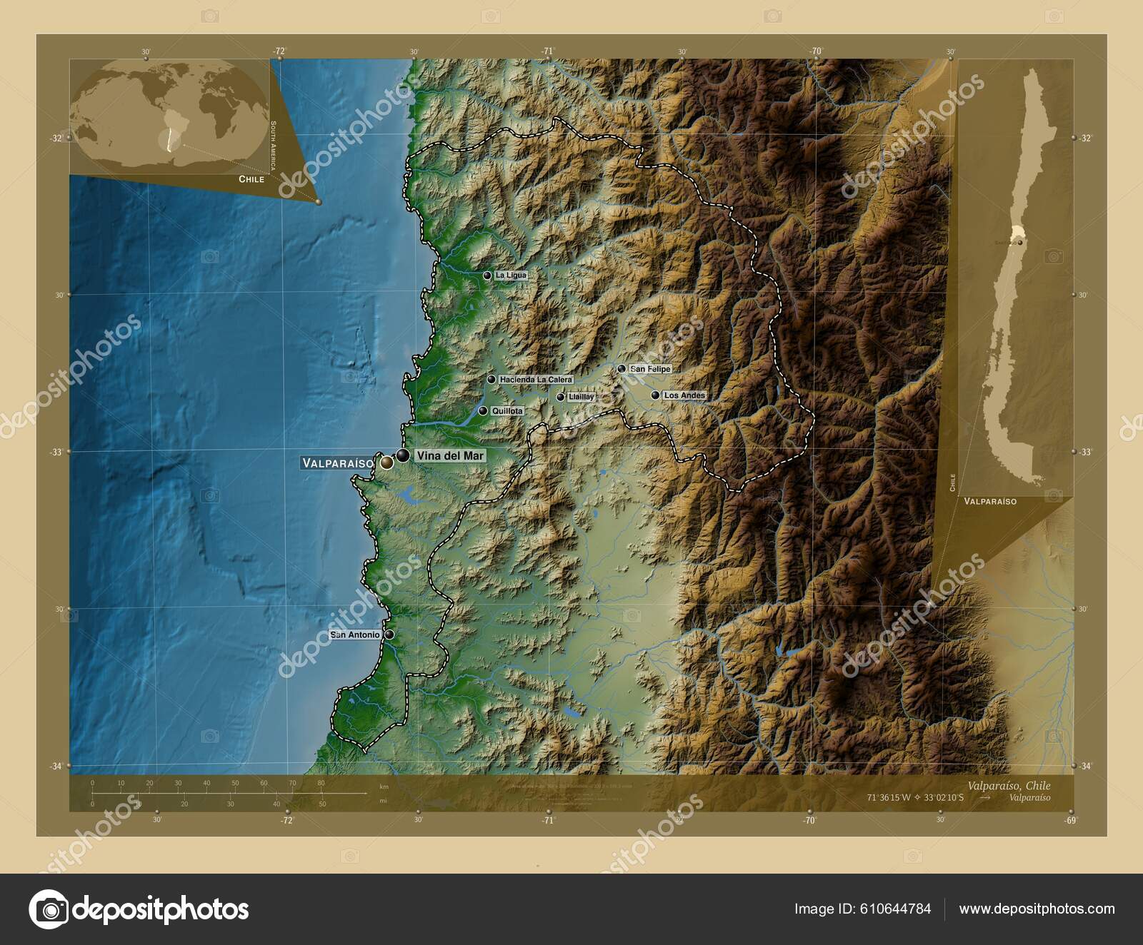Valparaíso Región Chile Mapa Elevación Colores Con Lagos Ríos ...