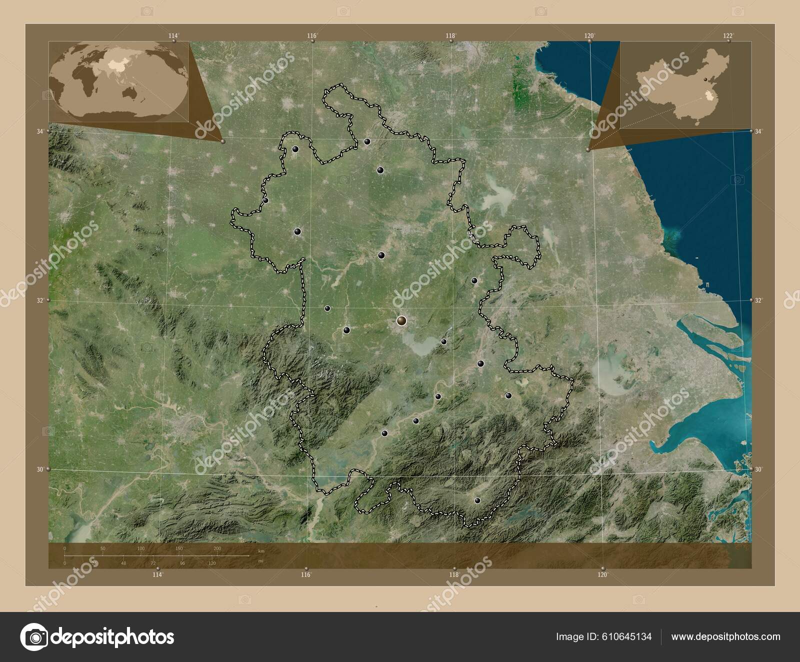 Anhui Province China Low Resolution Satellite Map Locations Major ...