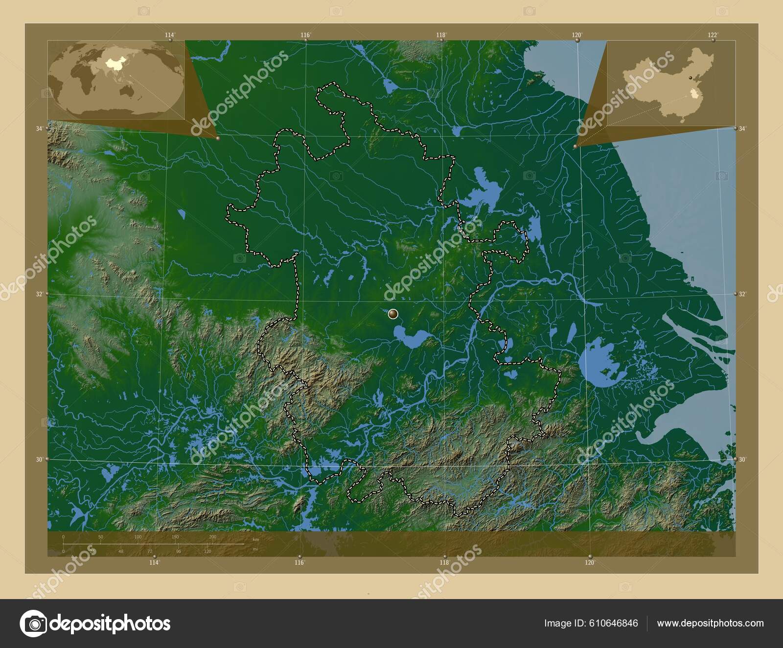 Anhui Province China Colored Elevation Map Lakes Rivers Corner ...