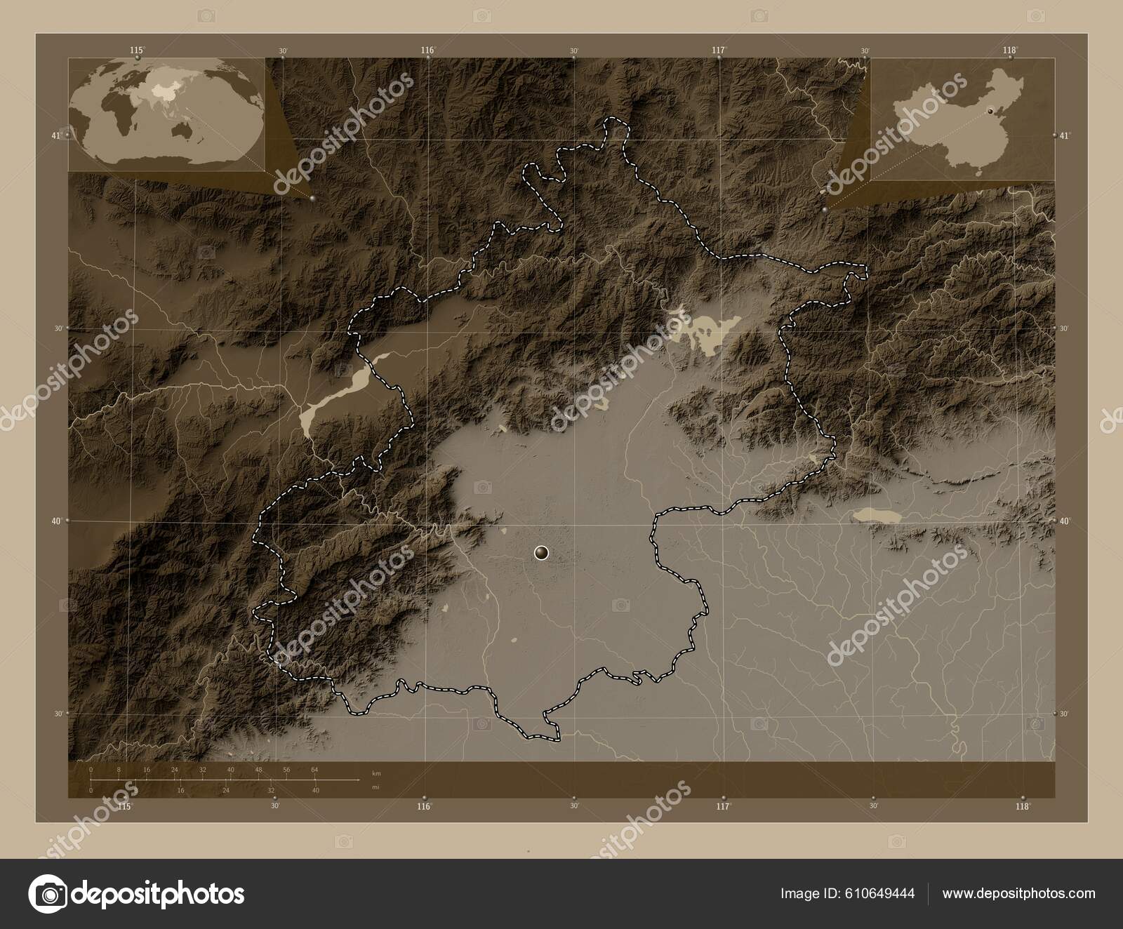 Beijing Municipality China Elevation Map Colored Sepia Tones Lakes ...