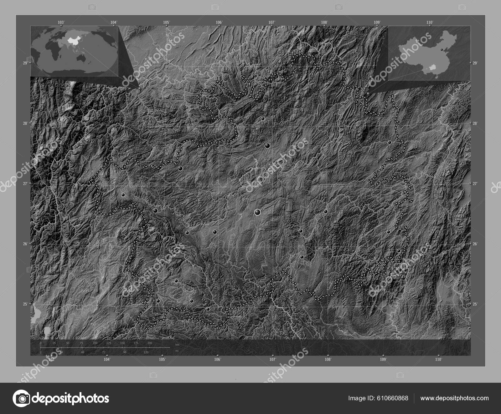 Guizhou Province China Bilevel Elevation Map Lakes Rivers Locations ...