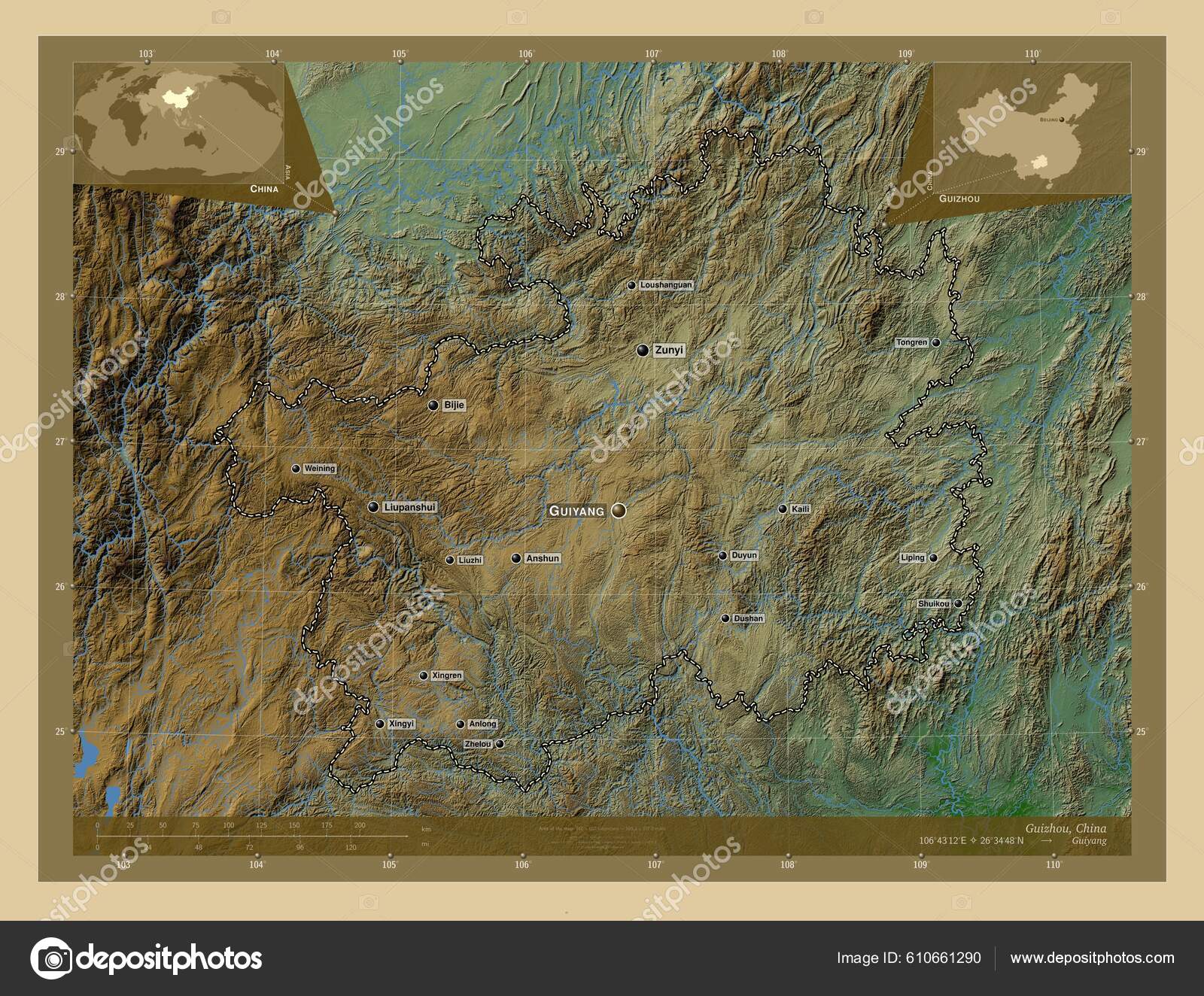 Guizhou Province China Colored Elevation Map Lakes Rivers Locations ...