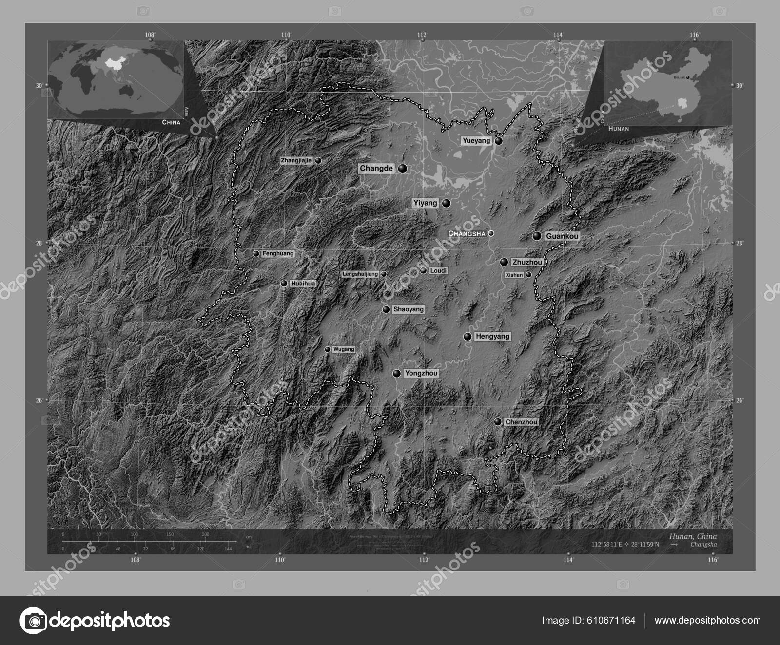 Hunan Province China Bilevel Elevation Map Lakes Rivers Locations Names ...
