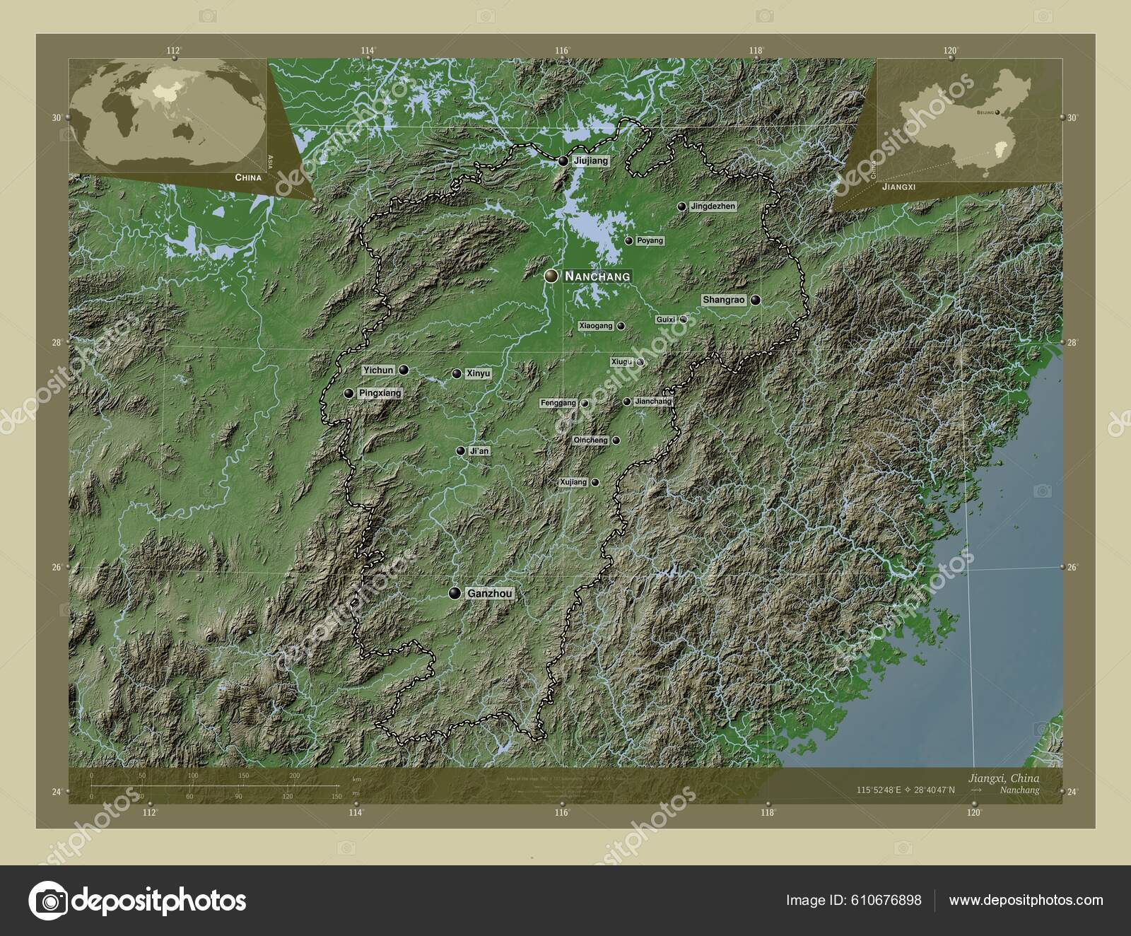 Jiangxi Province China Elevation Map Colored Wiki Style Lakes Rivers ...