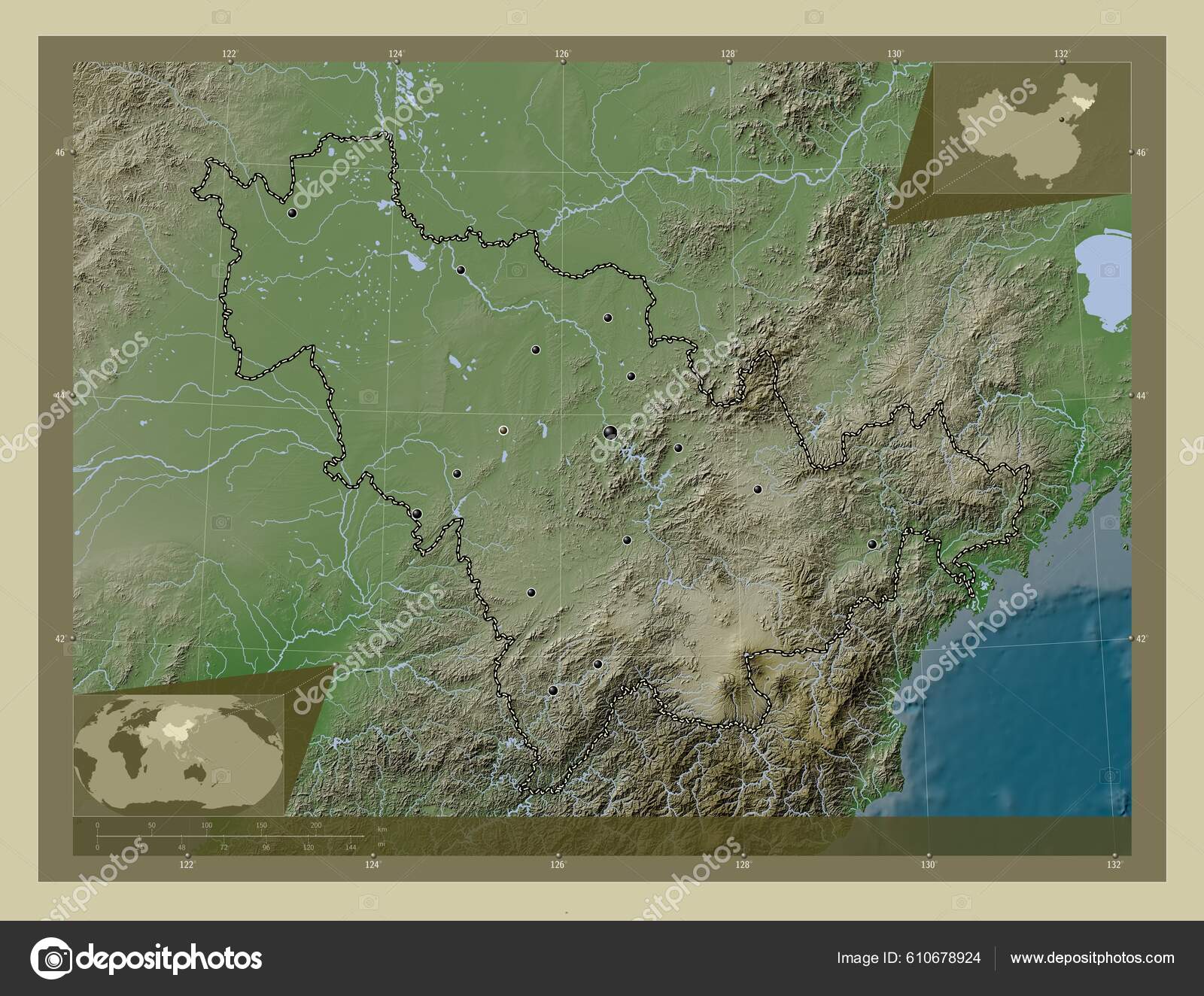 Jilin Province China Elevation Map Colored Wiki Style Lakes Rivers ...
