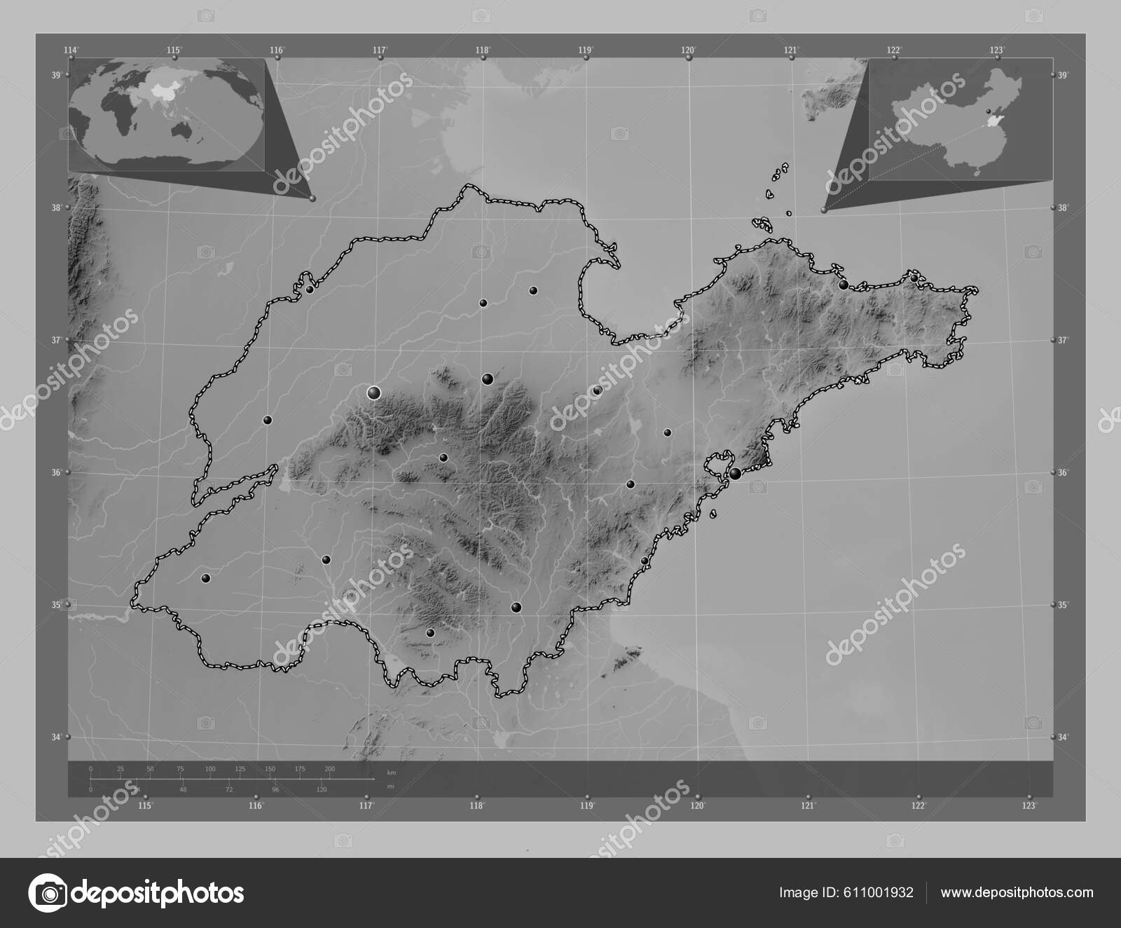 Shandong Province China Grayscale Elevation Map Lakes Rivers Locations ...