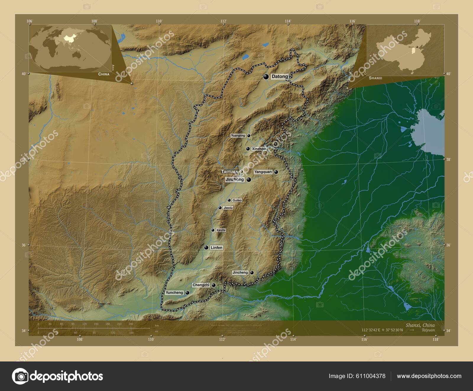 Shanxi Province China Colored Elevation Map Lakes Rivers Locations ...
