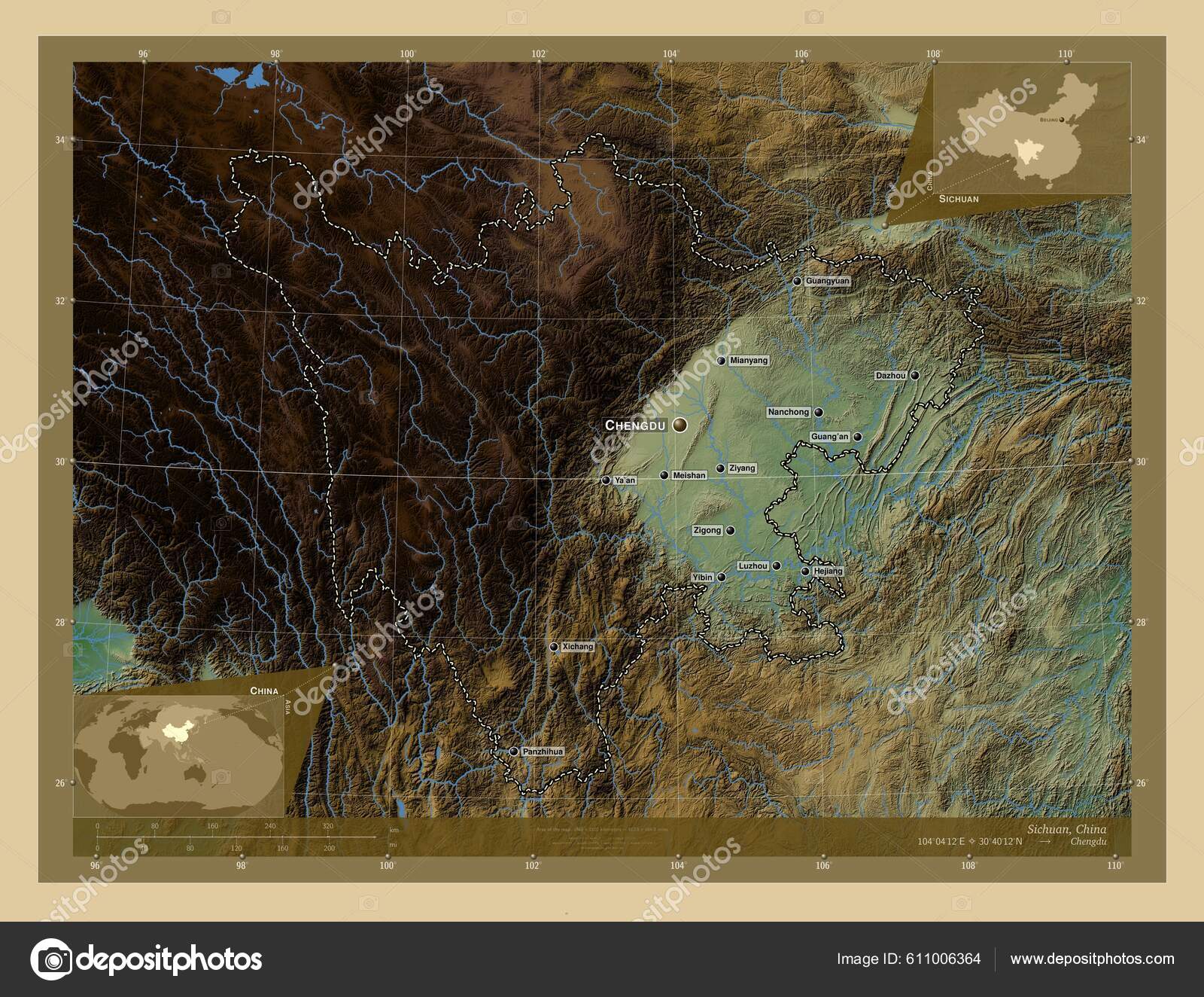 Sichuan Province China Colored Elevation Map Lakes Rivers Locations ...